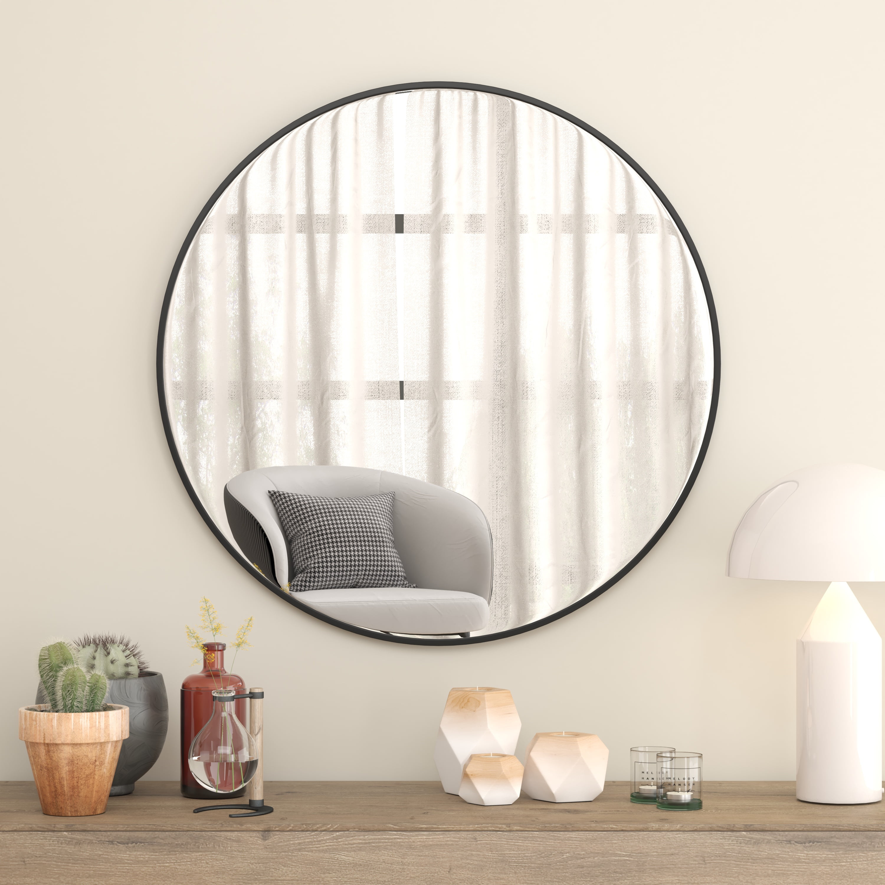 Emma + Oliver Black 36" Round Metal Wall Mounted Mirror with Oxidized ...