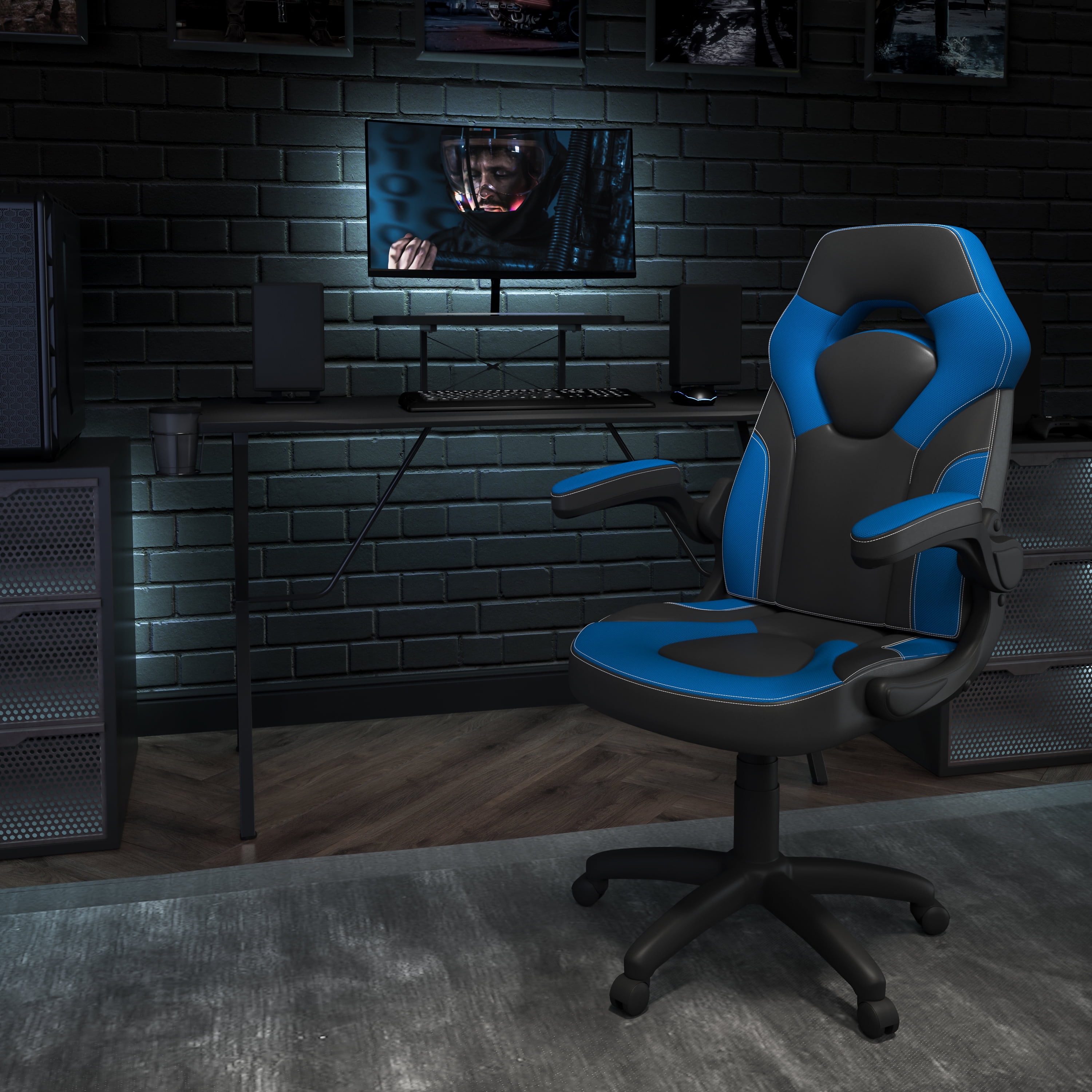 Emma + Oliver Black/Blue Gaming Desk Set with Cup Holder, Headphone ...