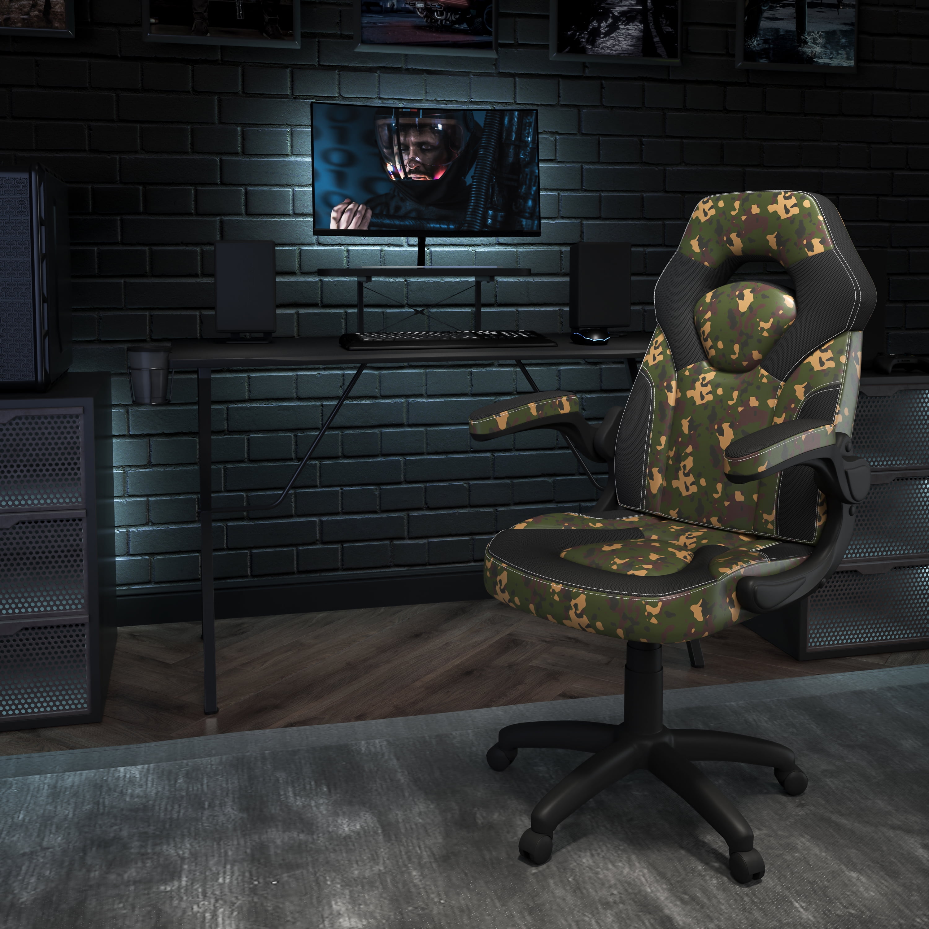 Emma + Oliver Black/Camo Gaming Desk Set with Cup Holder, Headphone ...