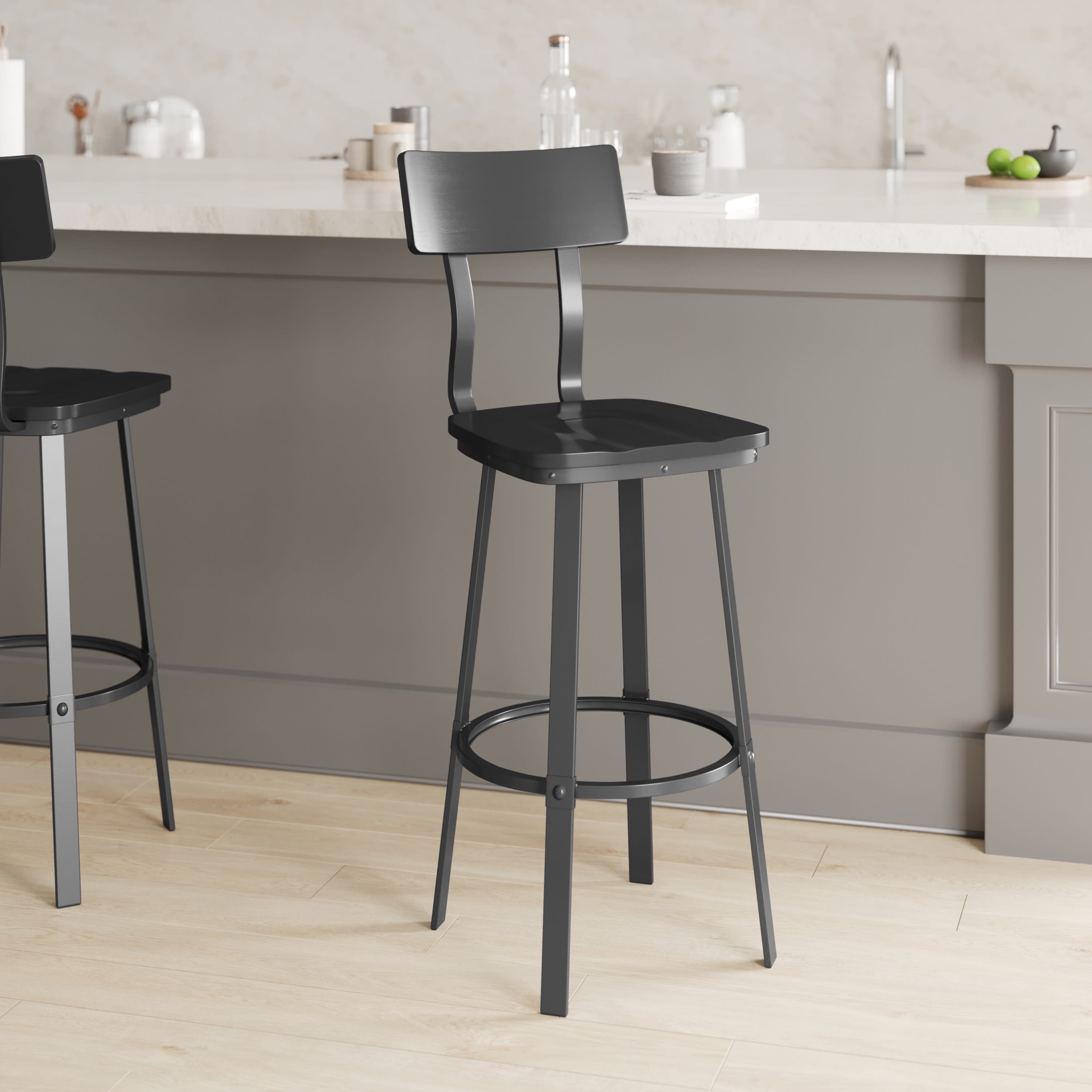Emma + Oliver Black Dining Bar Stool with Wood Back/Seat and Black ...