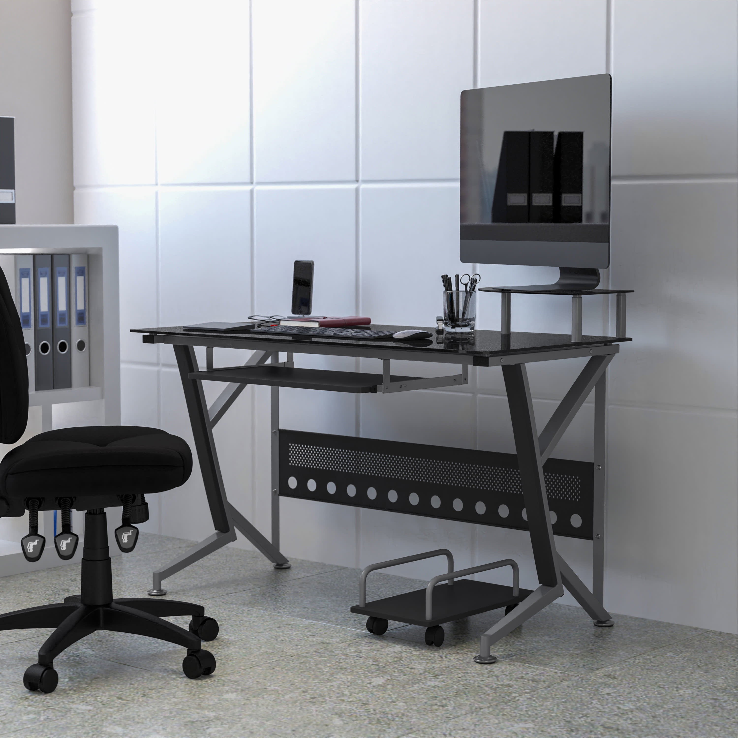 Emma + Oliver Black Glass Computer Desk with Pull-Out Keyboard Tray and ...