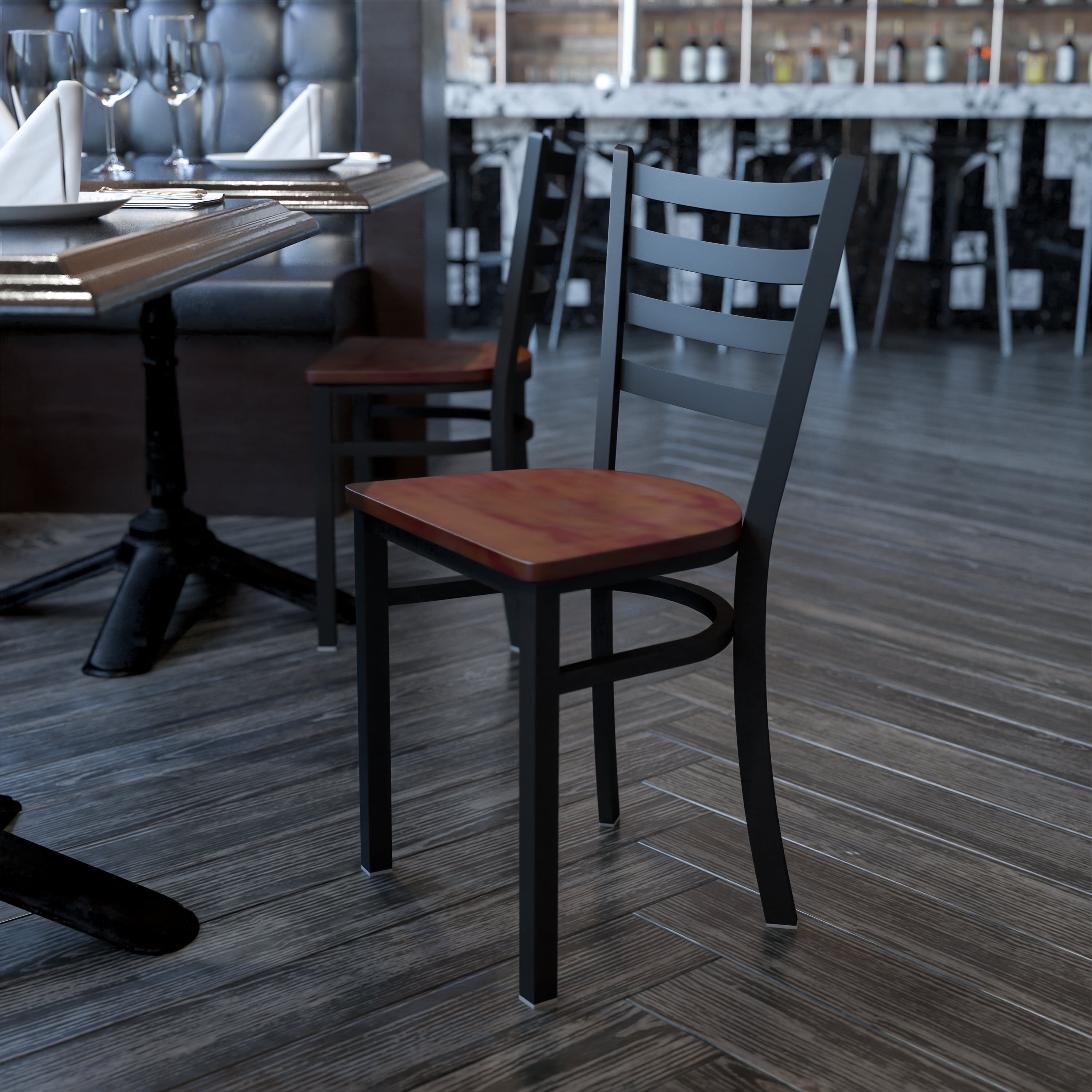 Emma + Oliver Black Ladder Back Metal Restaurant Chair - Cherry Wood ...
