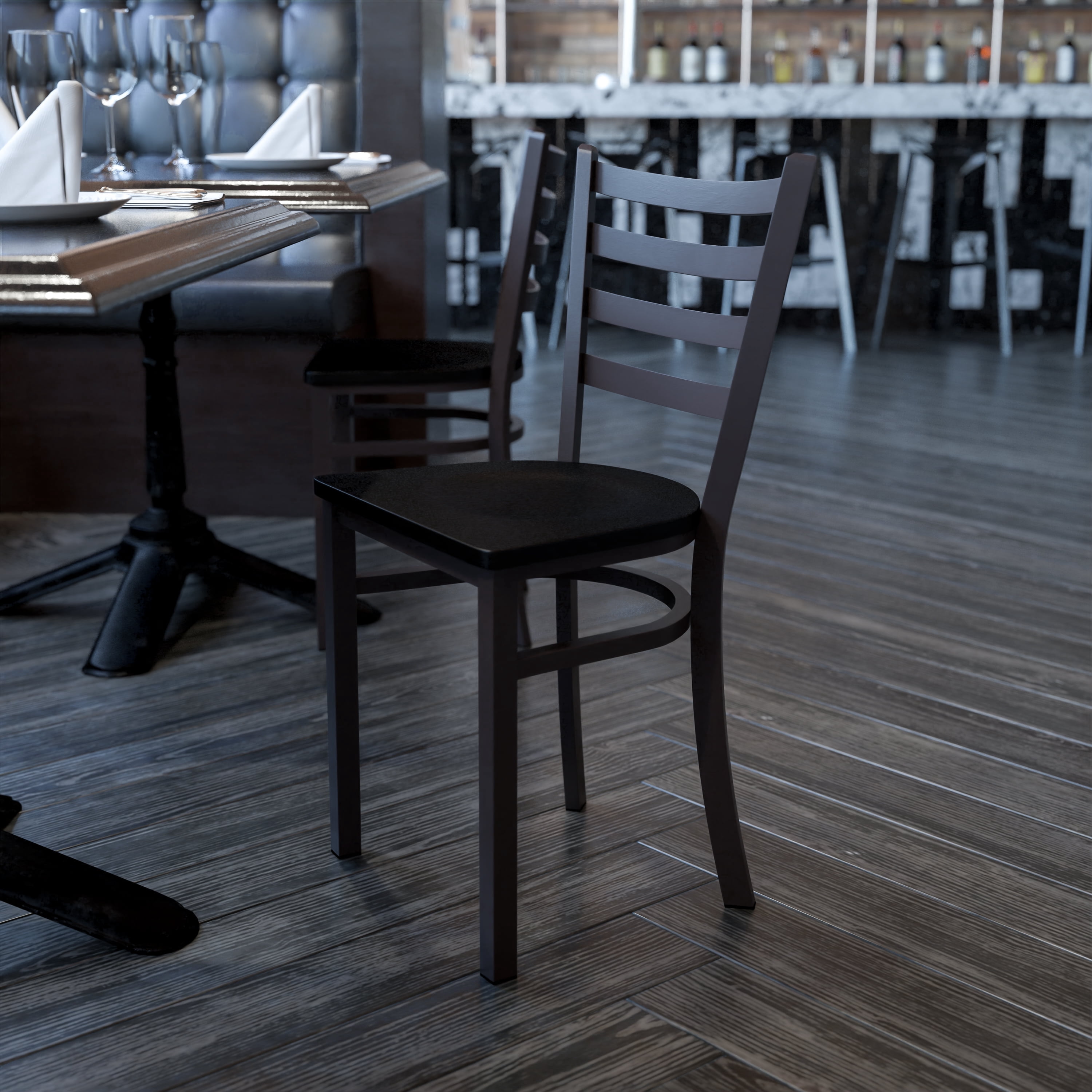 Emma + Oliver Black Ladder Back Metal Restaurant Chair - Mahogany Wood ...