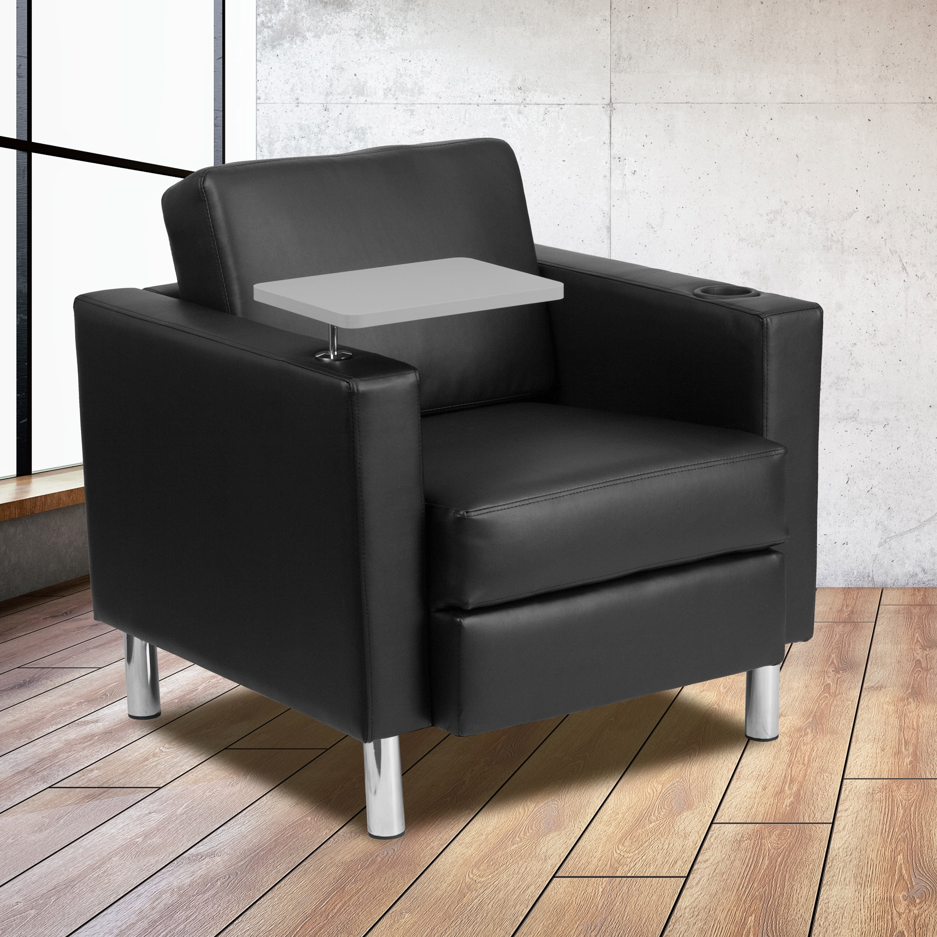 Emma + Oliver Black LeatherSoft Tablet Arm Chair, Tall Chrome Legs and ...