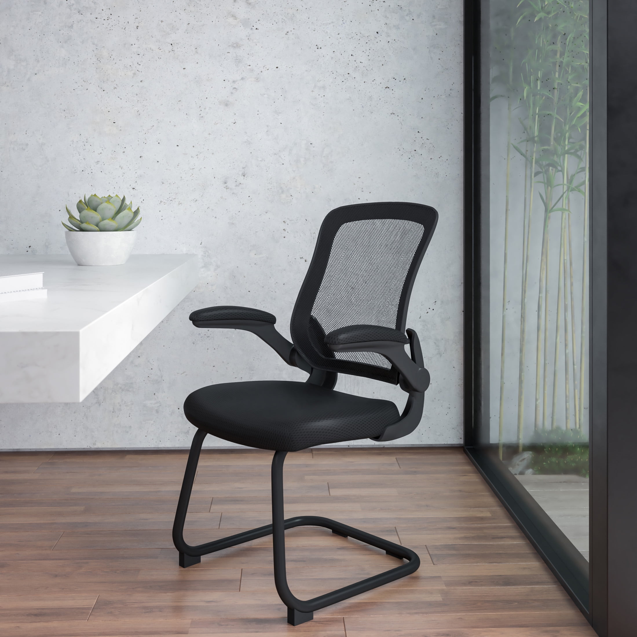 Emma + Oliver Black Mesh Sled Base Side Reception Guest Office Chair ...
