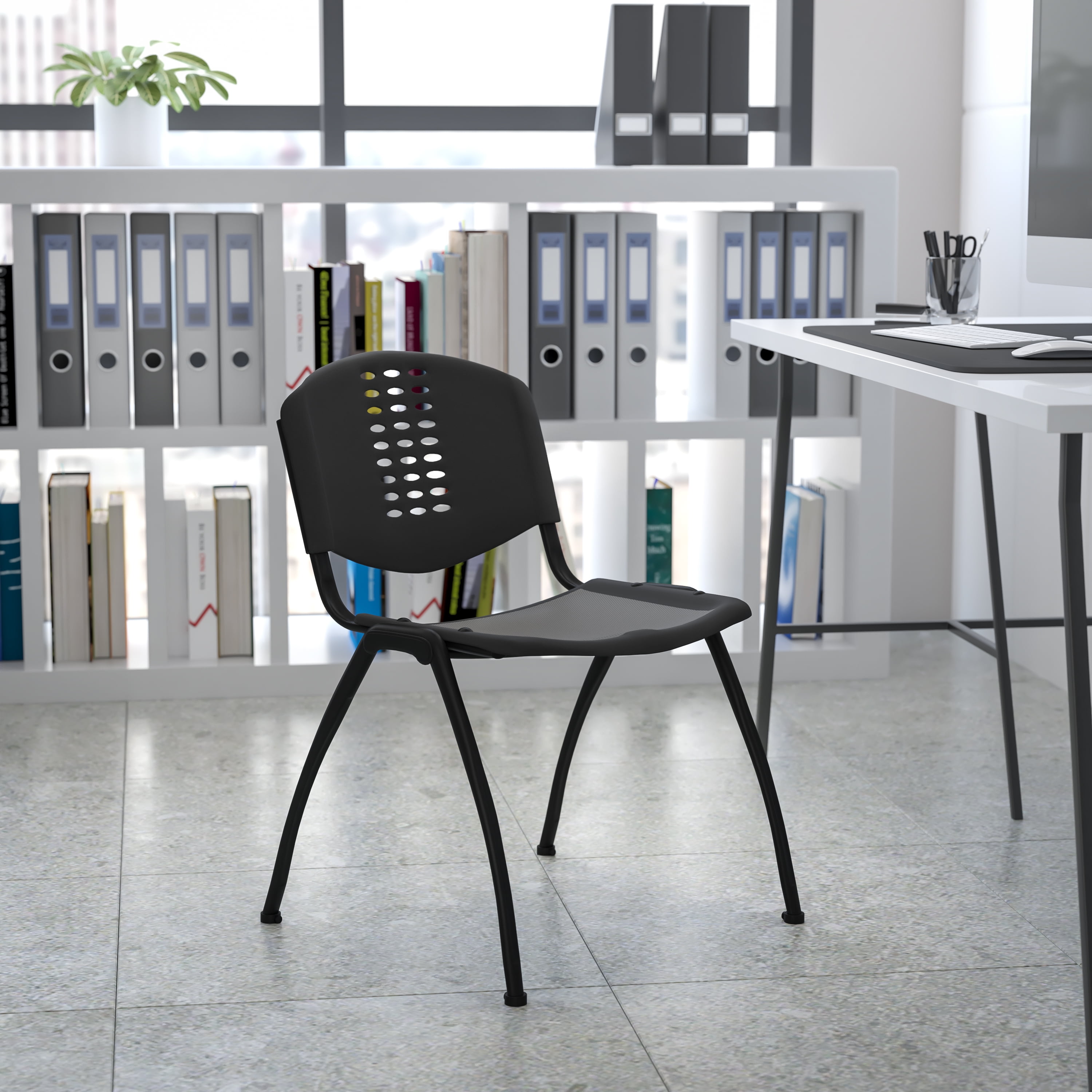 Emma + Oliver Black Plastic Office Side Stack Chair with Oval Cutout ...