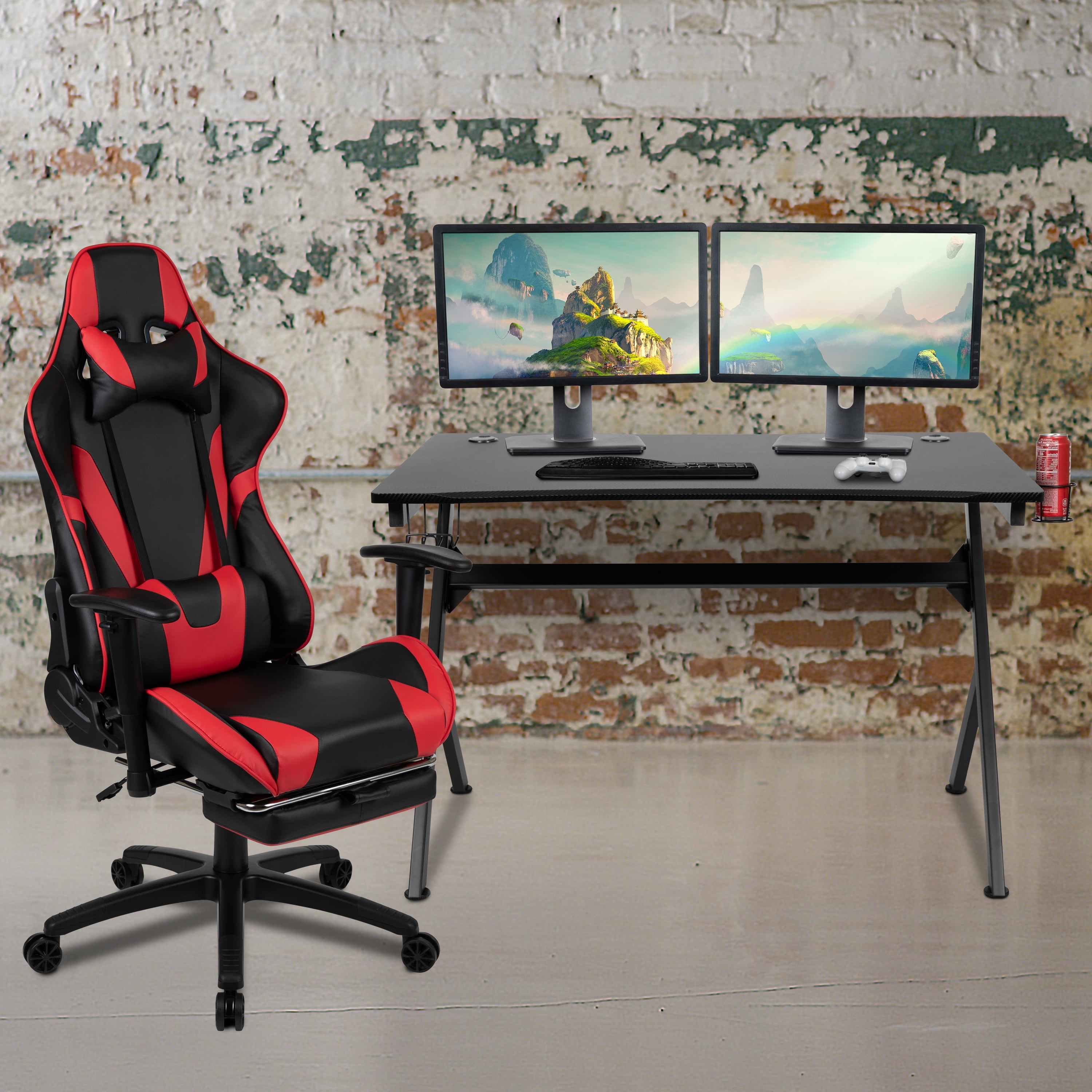 Emma + Oliver Black/Red Gaming Desk Set - Cup/Headset Holder/Reclining ...