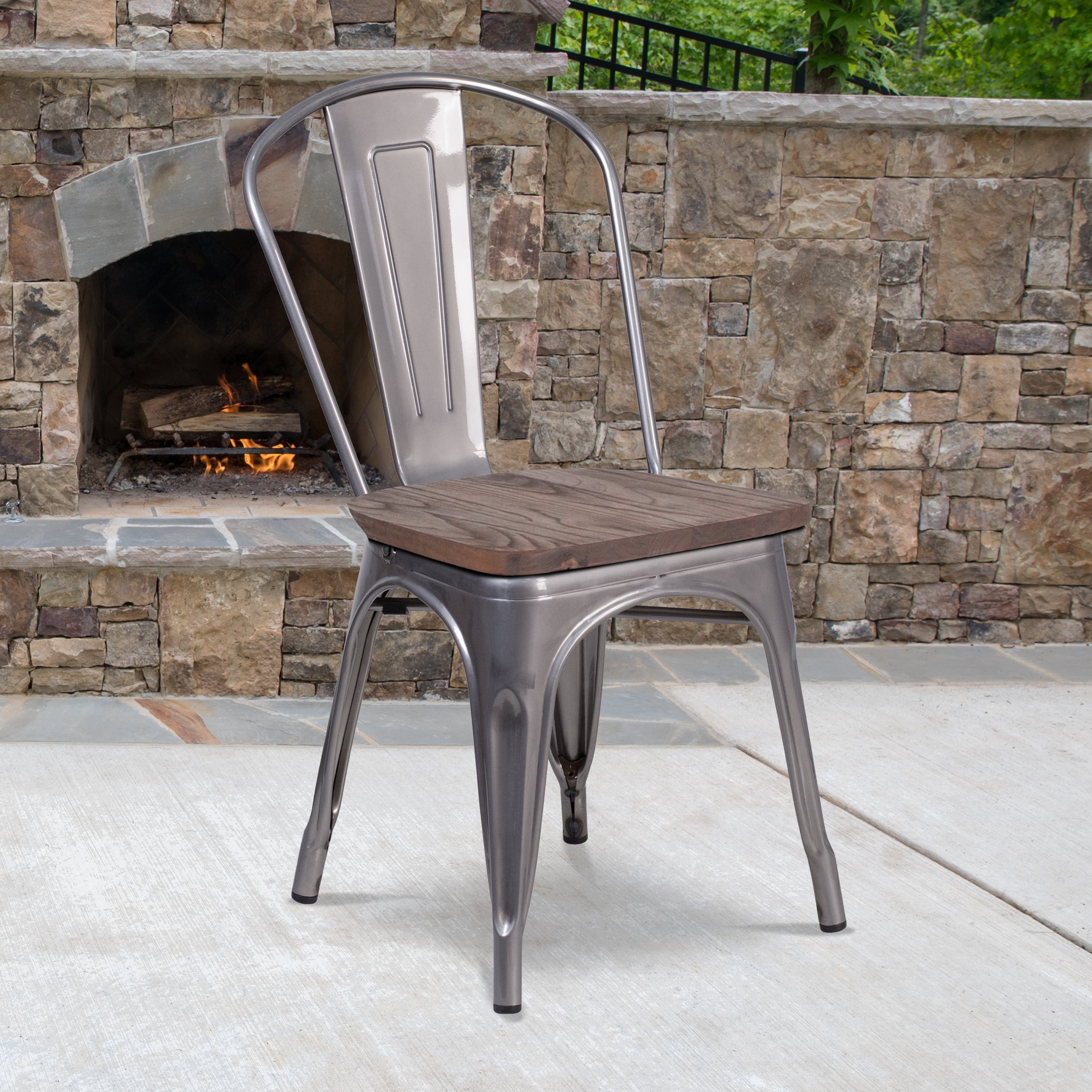 Emma + Oliver Clear Coated Metal Stackable Chair with Wood Seat ...