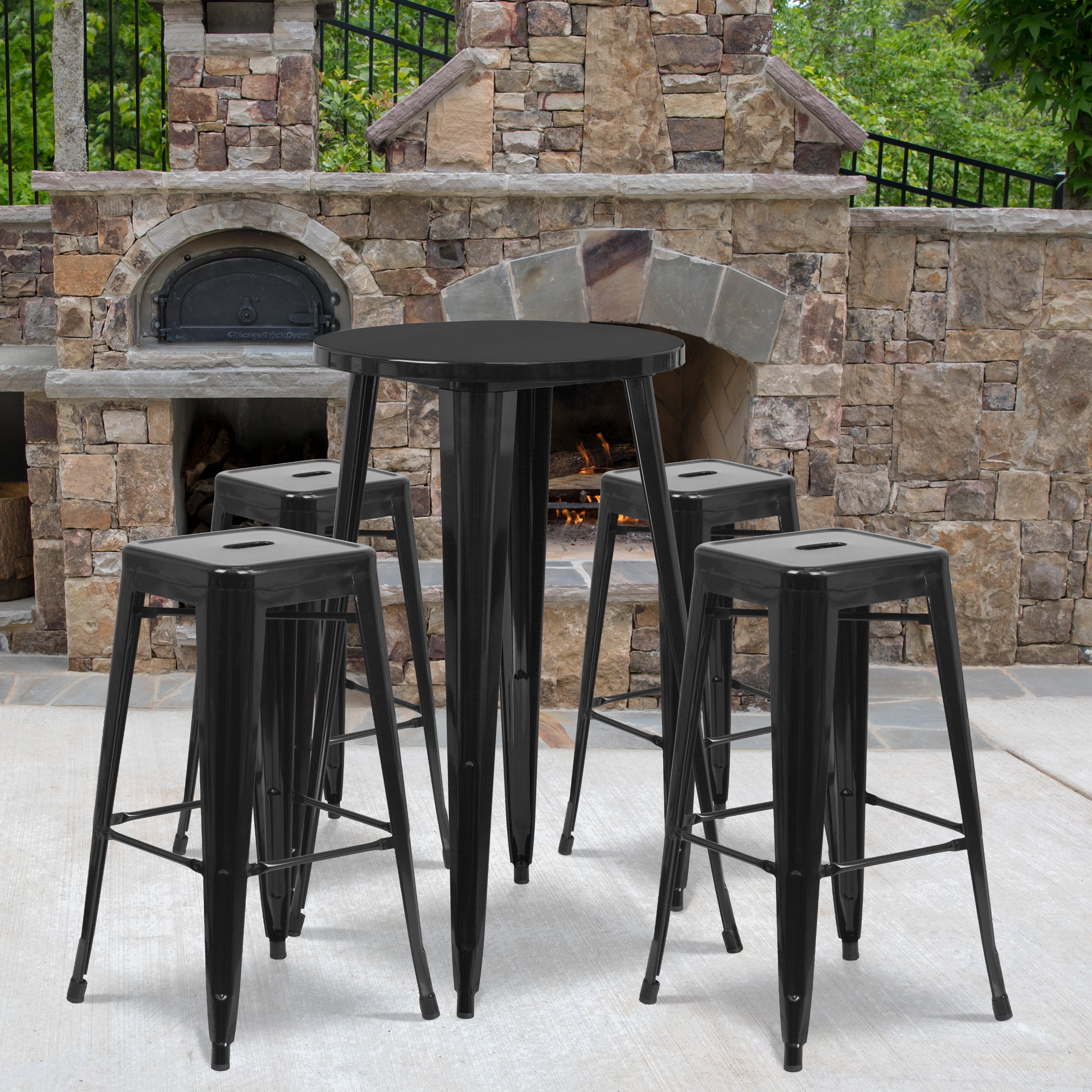 Emma + Oliver Commercial 24" Round Black Metal Bar Table Set-4 Square ...