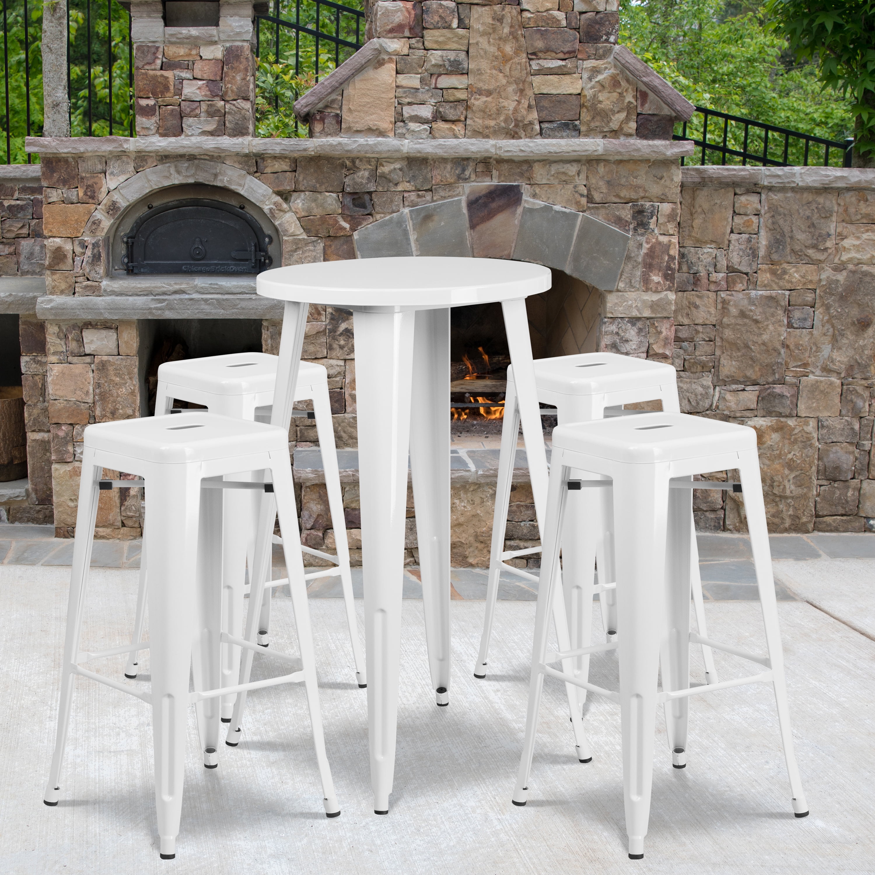 Emma + Oliver Commercial 24" Round White Metal Bar Table Set-4 Square ...