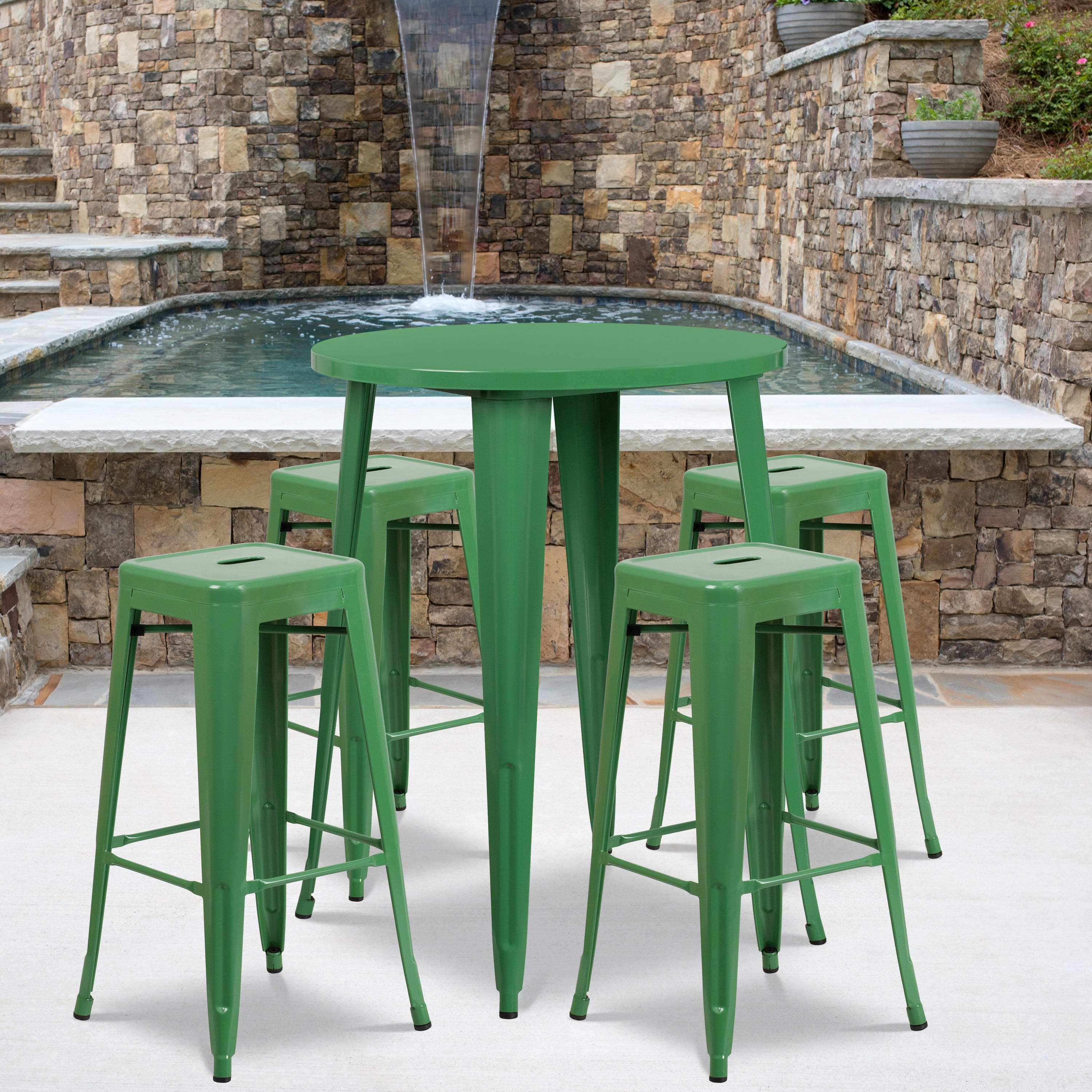Emma + Oliver Commercial 30" Round Green Metal Bar Table Set-4 Square ...