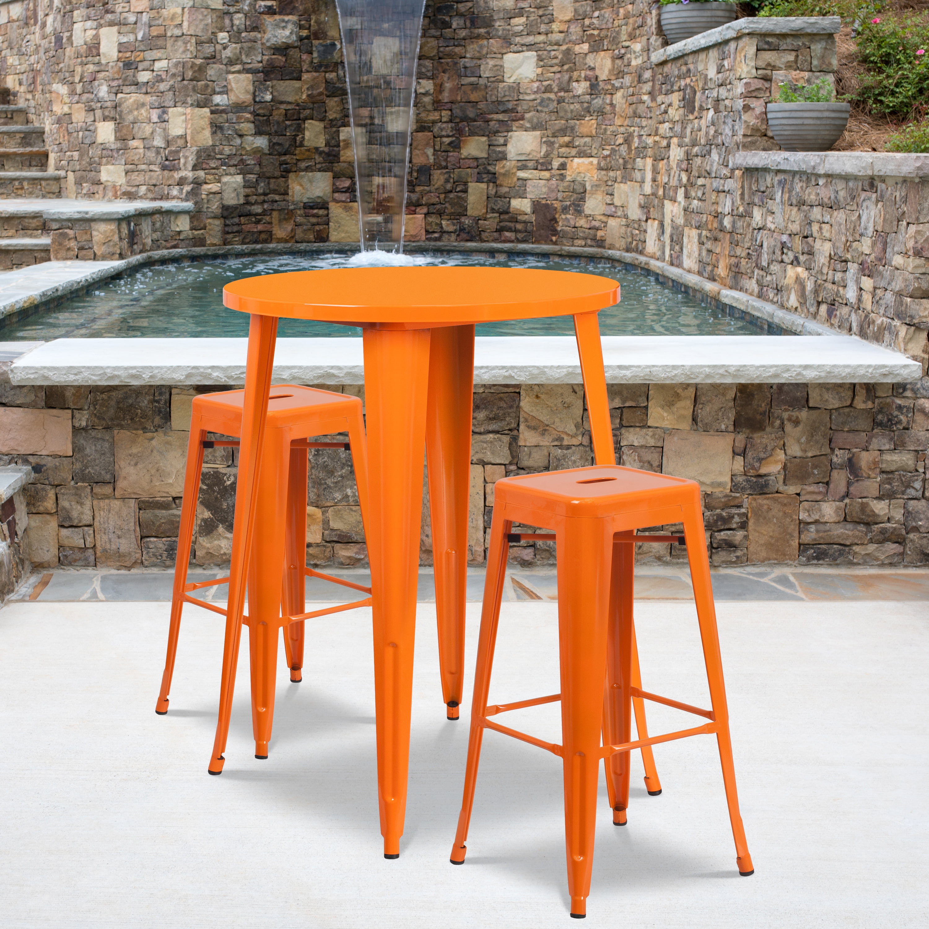 Emma + Oliver Commercial 30" Round Orange Metal Bar Table Set-2 Square ...