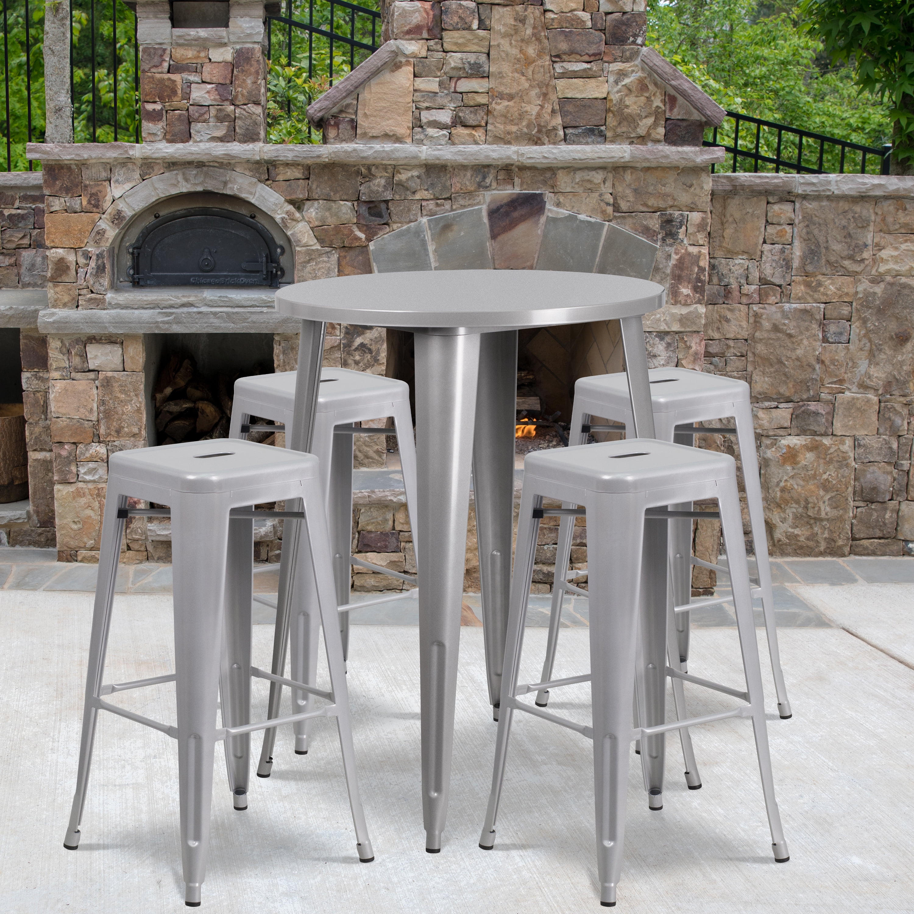 Emma + Oliver Commercial 30" Round Silver Metal Bar Table Set-4 Square ...