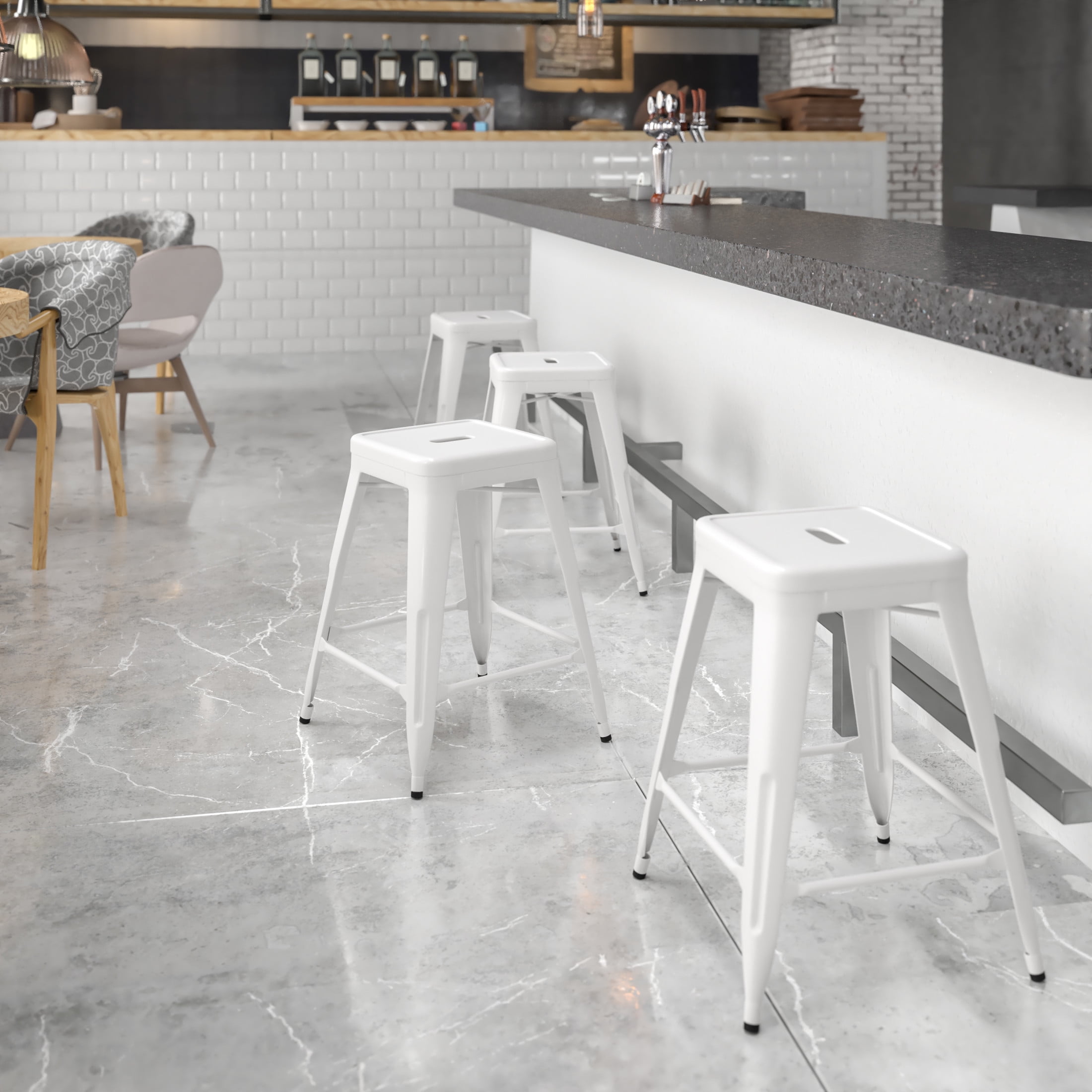 Emma + Oliver Commercial Grade 24"H Backless White Metal Indoor-Outdoor ...