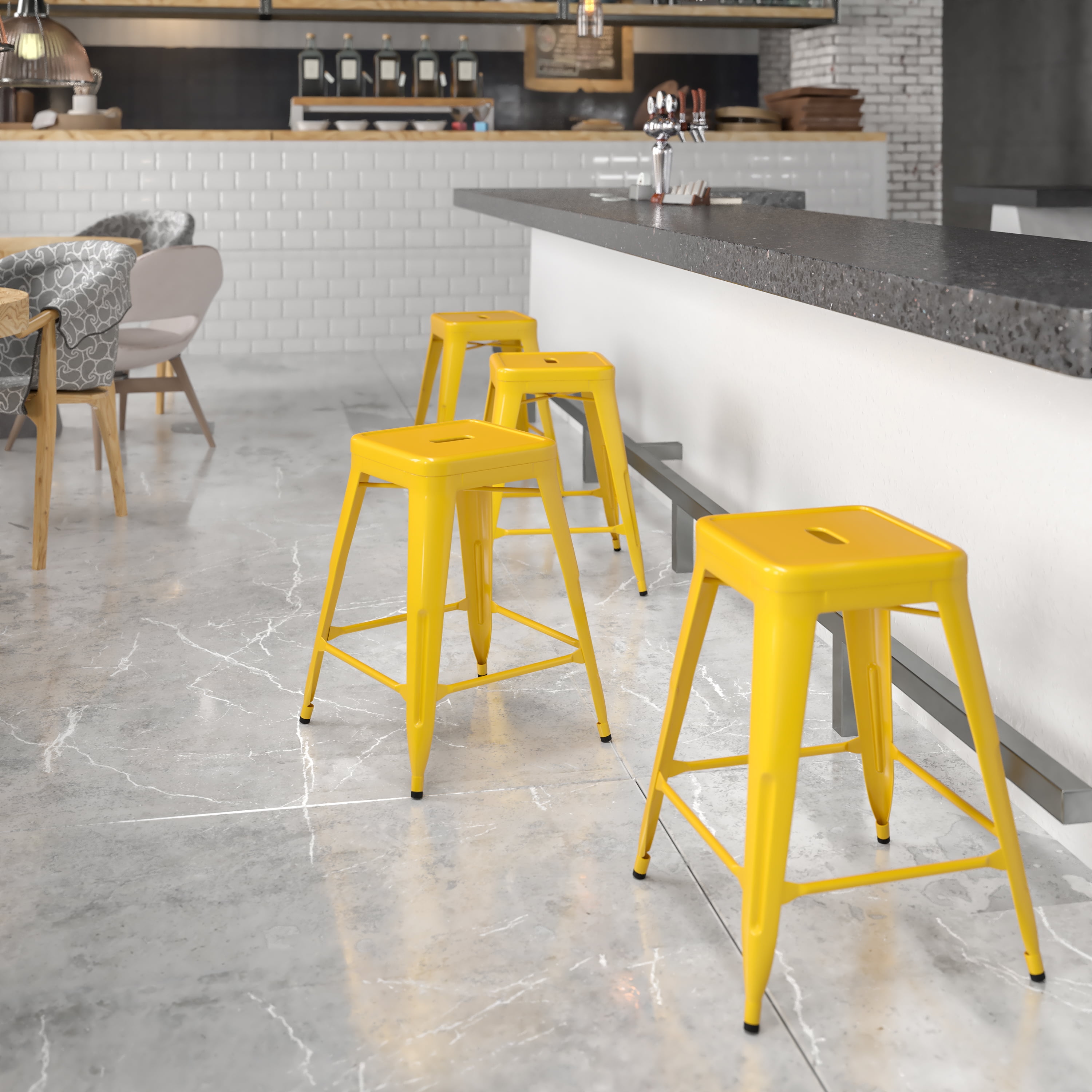 Emma Oliver Commercial Grade 24 H Backless Yellow Metal Indoor Outdoor Counter Height Stool