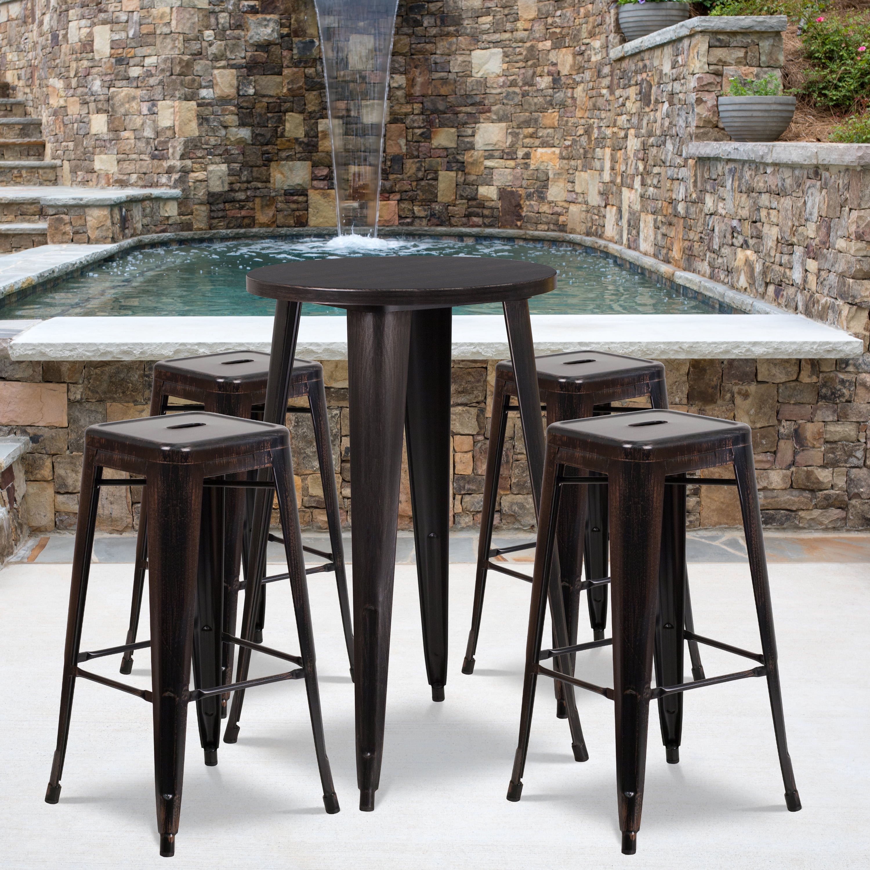 Emma + Oliver Commercial Grade 24" Round Antique Metal Bar Table Set-4 ...