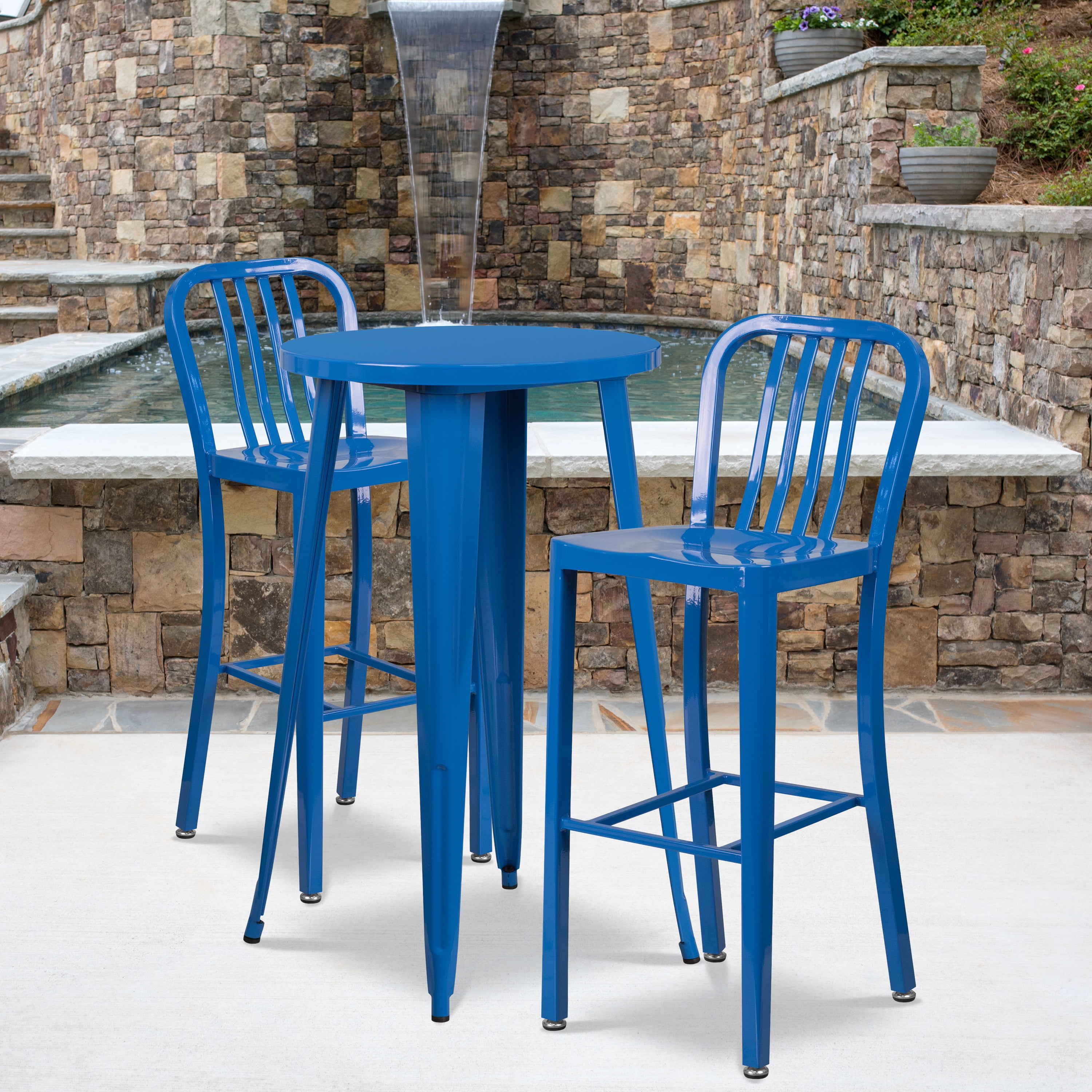 Emma + Oliver Commercial Grade 24" Round Blue Metal Bar Table Set-2 ...