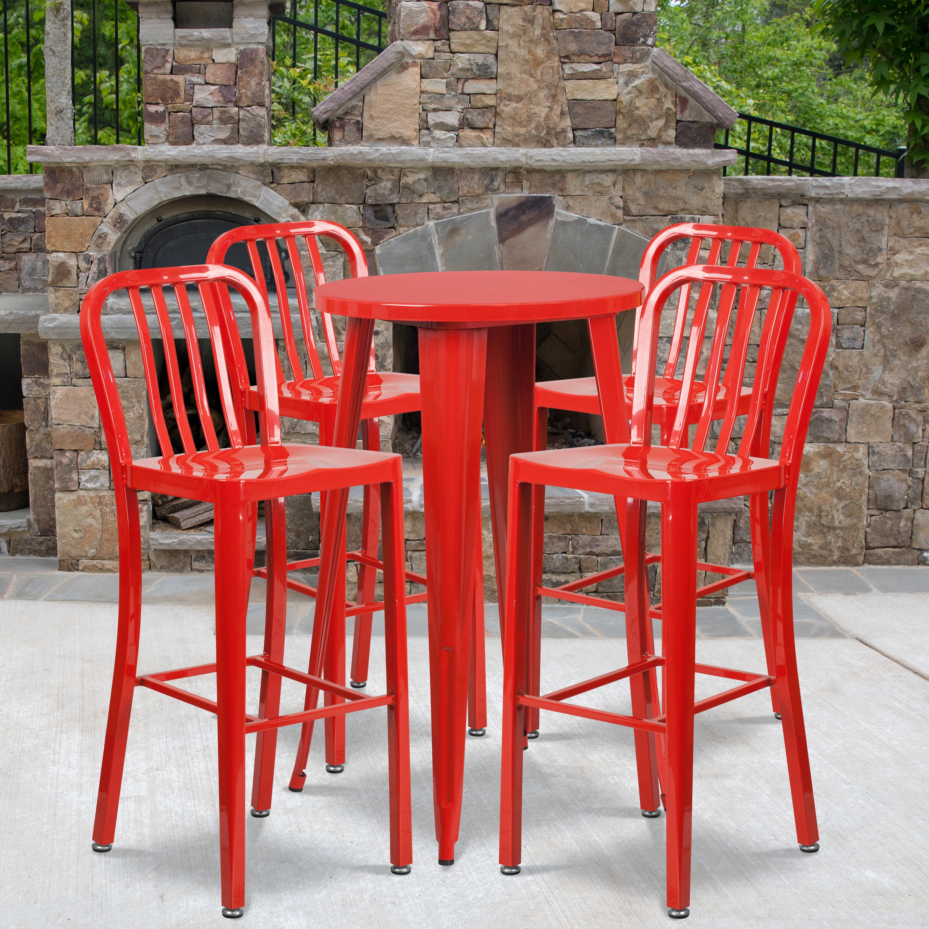 Emma + Oliver Commercial Grade 24" Round Red Metal Bar Table Set-4 ...