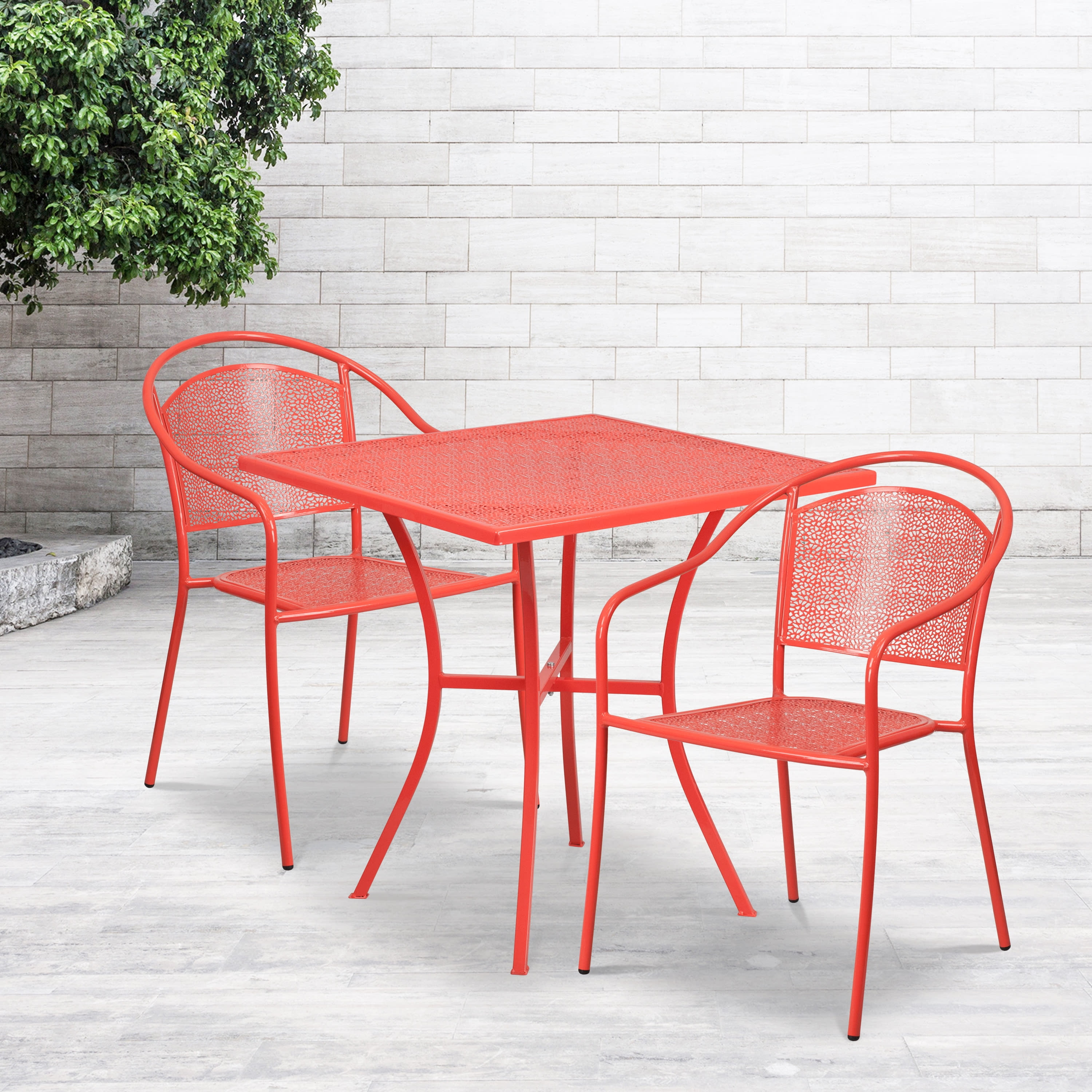 Emma + Oliver Commercial Grade 28" Square Coral Patio Table Set-2 Round ...