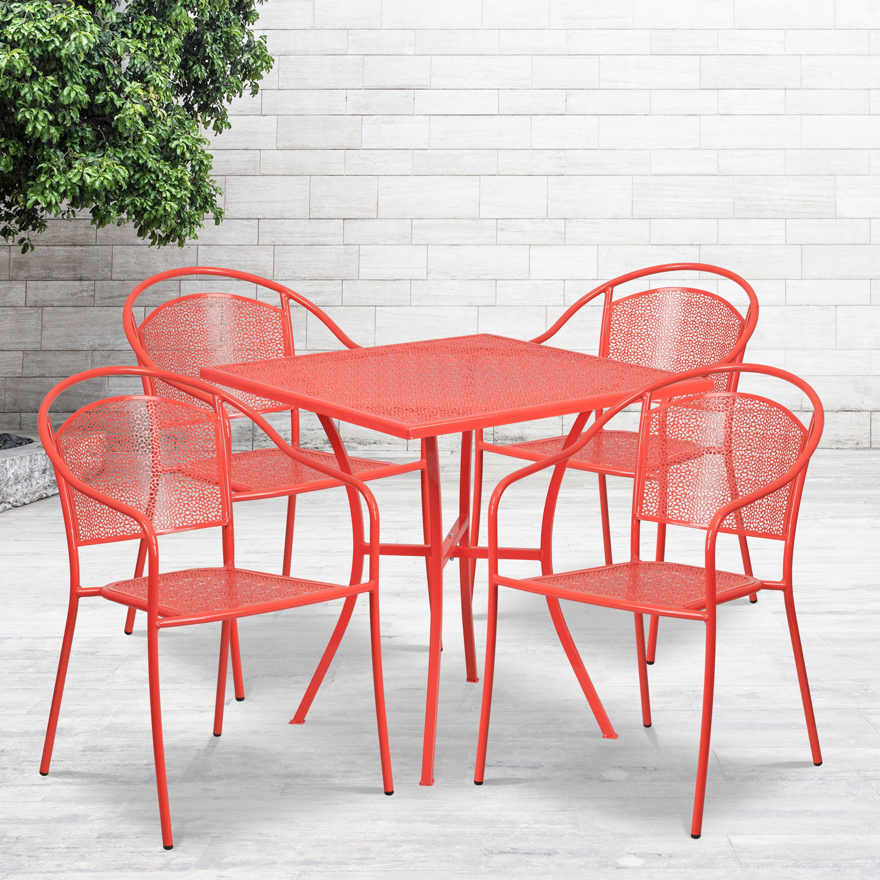 Emma + Oliver Commercial Grade 28" Square Coral Patio Table Set-4 Round ...