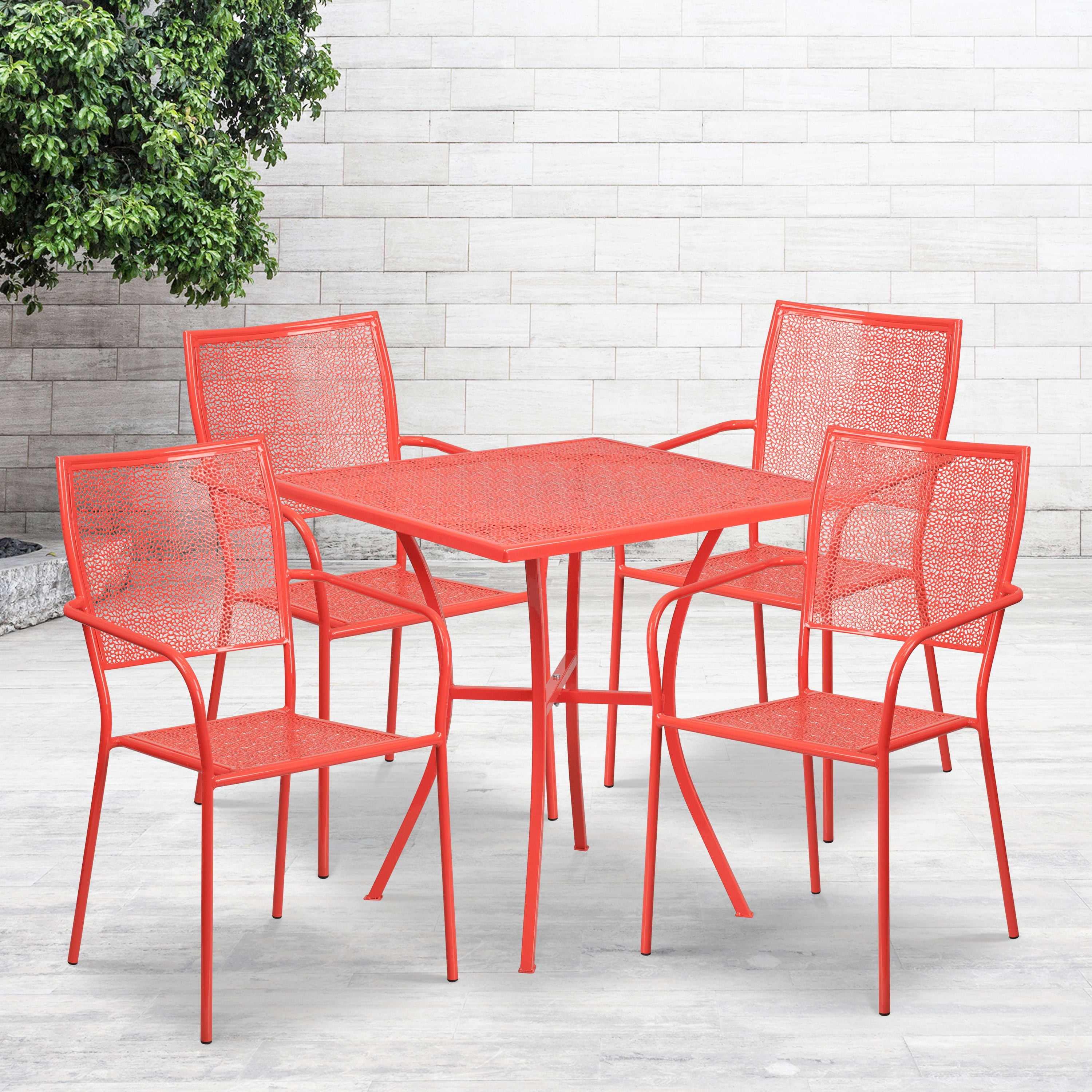 Emma + Oliver Commercial Grade 28" Square Coral Patio Table Set-4 ...