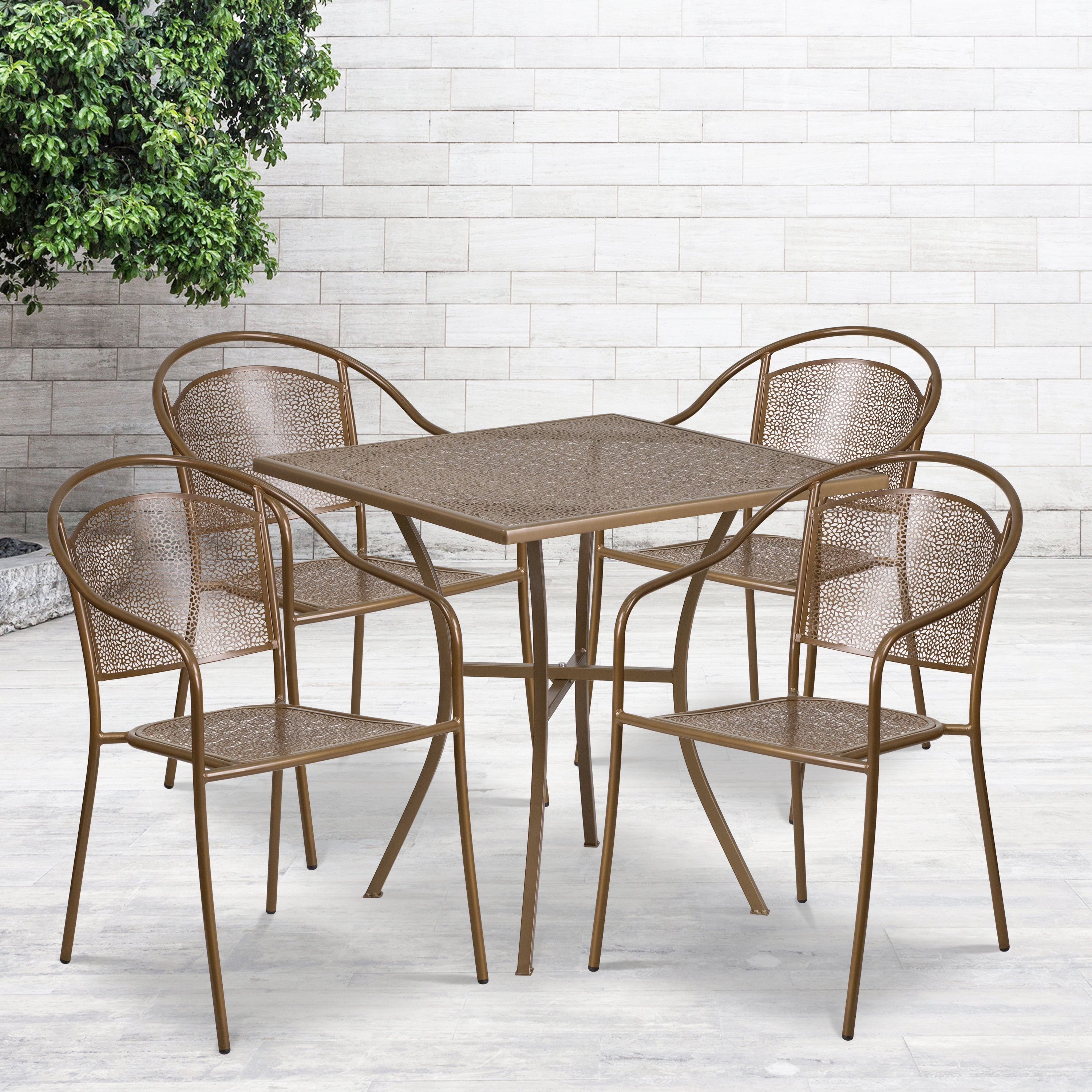 Emma + Oliver Commercial Grade 28" Square Gold Patio Table Set-4 Round ...