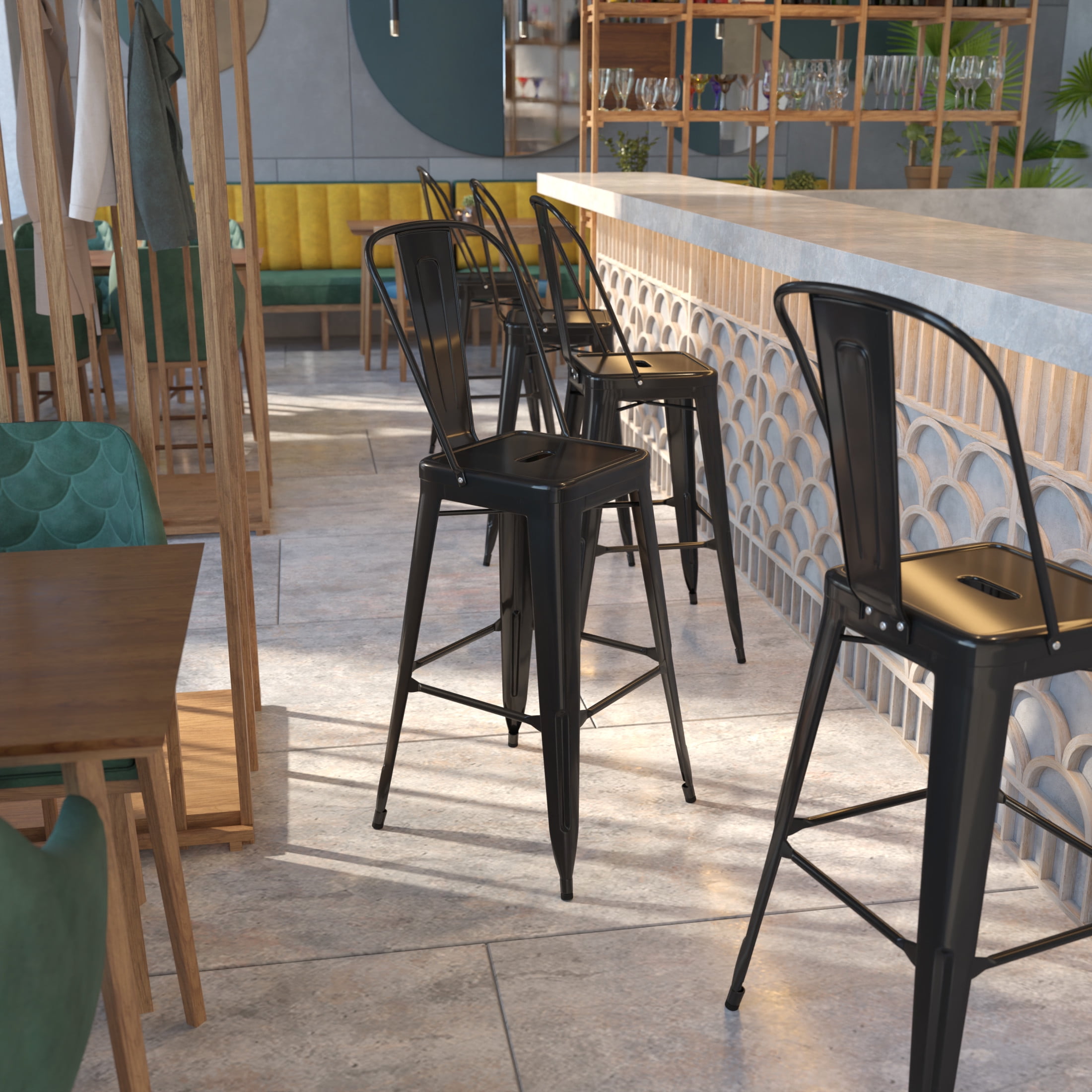 Emma + Oliver Commercial Grade 30"H Black Metal Indoor-Outdoor Barstool ...