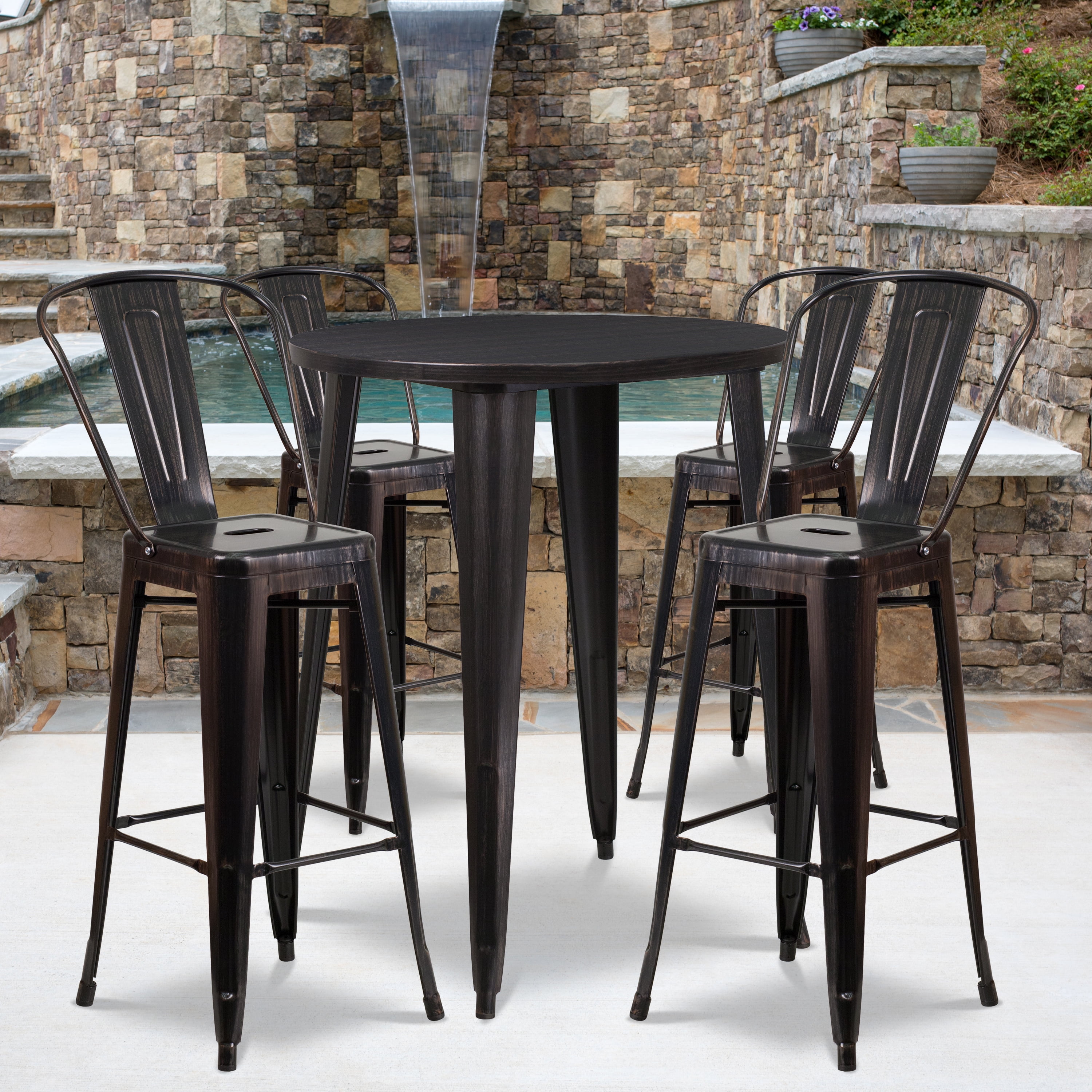 Emma + Oliver Commercial Grade 30" Round Antique Metal Bar Table Set-4 ...