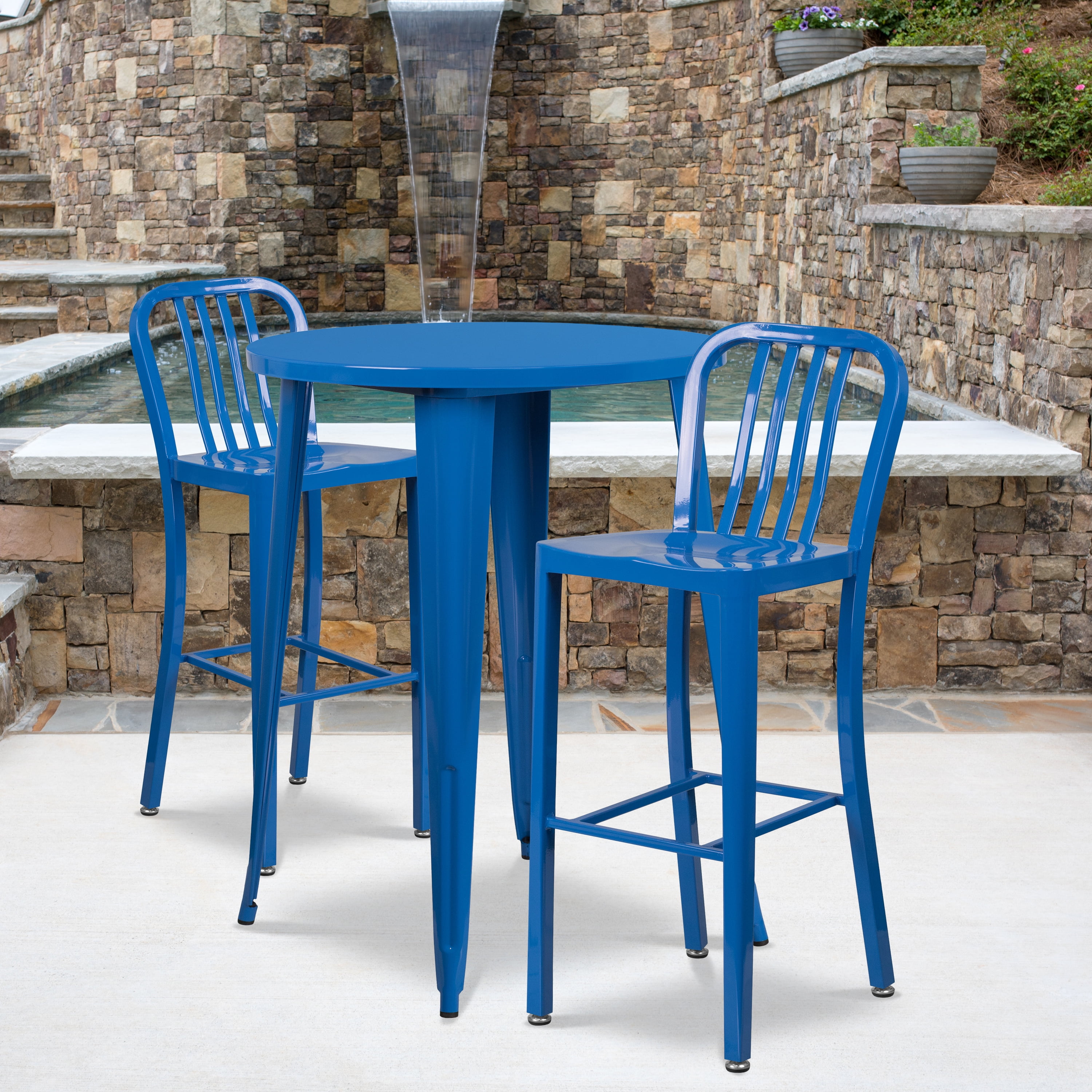 Emma + Oliver Commercial Grade 30" Round Blue Metal Bar Table Set-2 ...
