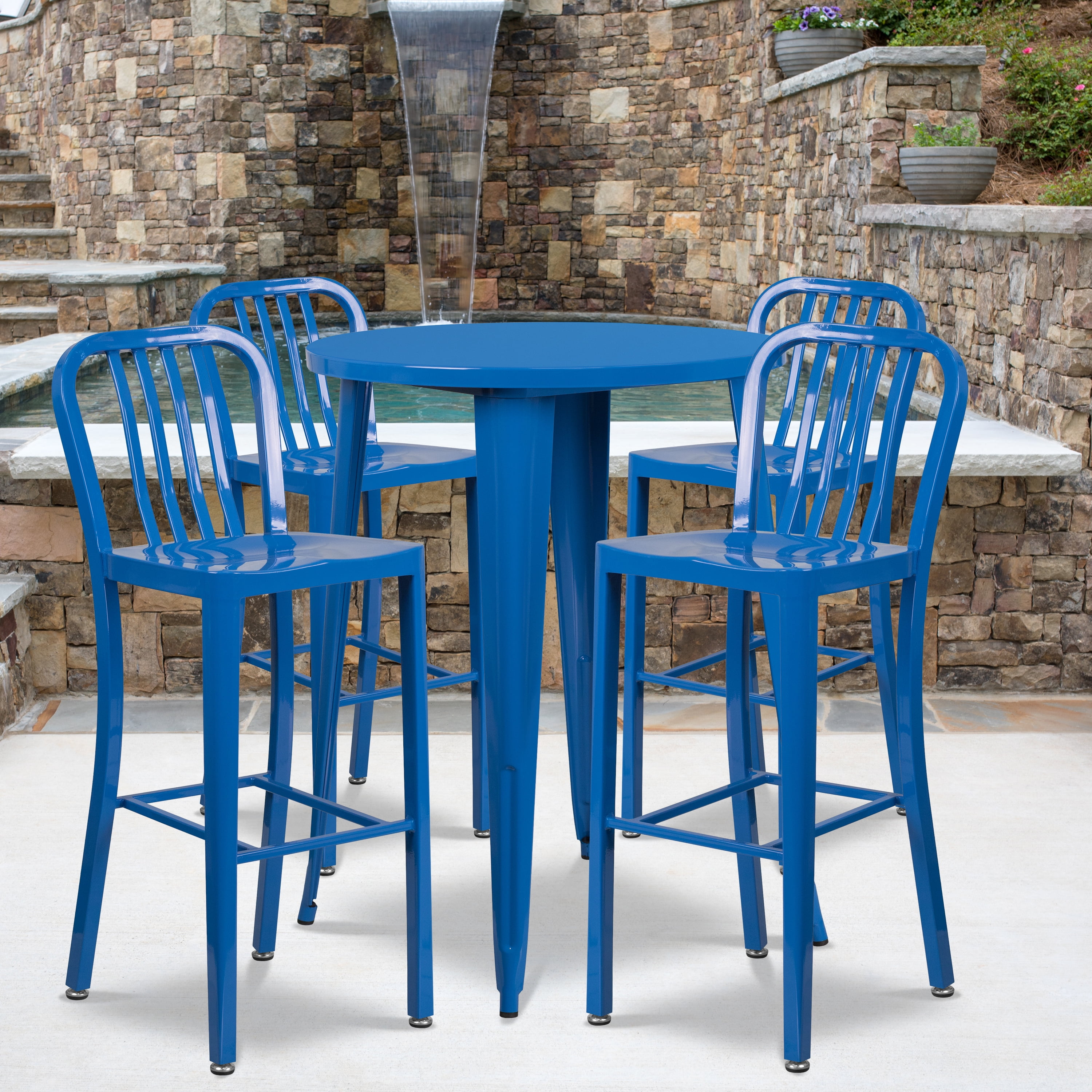 Emma + Oliver Commercial Grade 30" Round Blue Metal Bar Table Set-4 ...