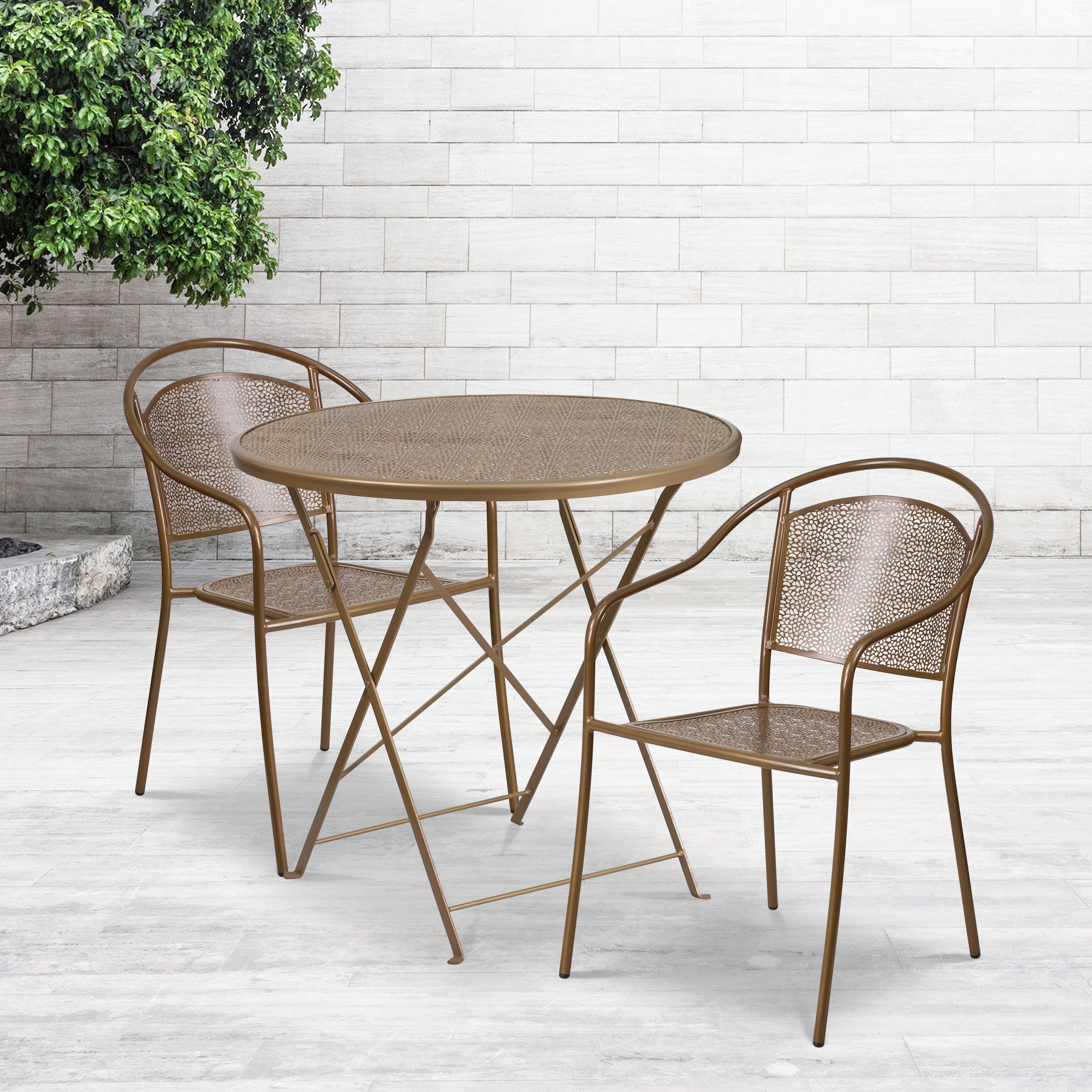 Emma + Oliver Commercial Grade 30" Round Gold Folding Patio Table Set-2 ...
