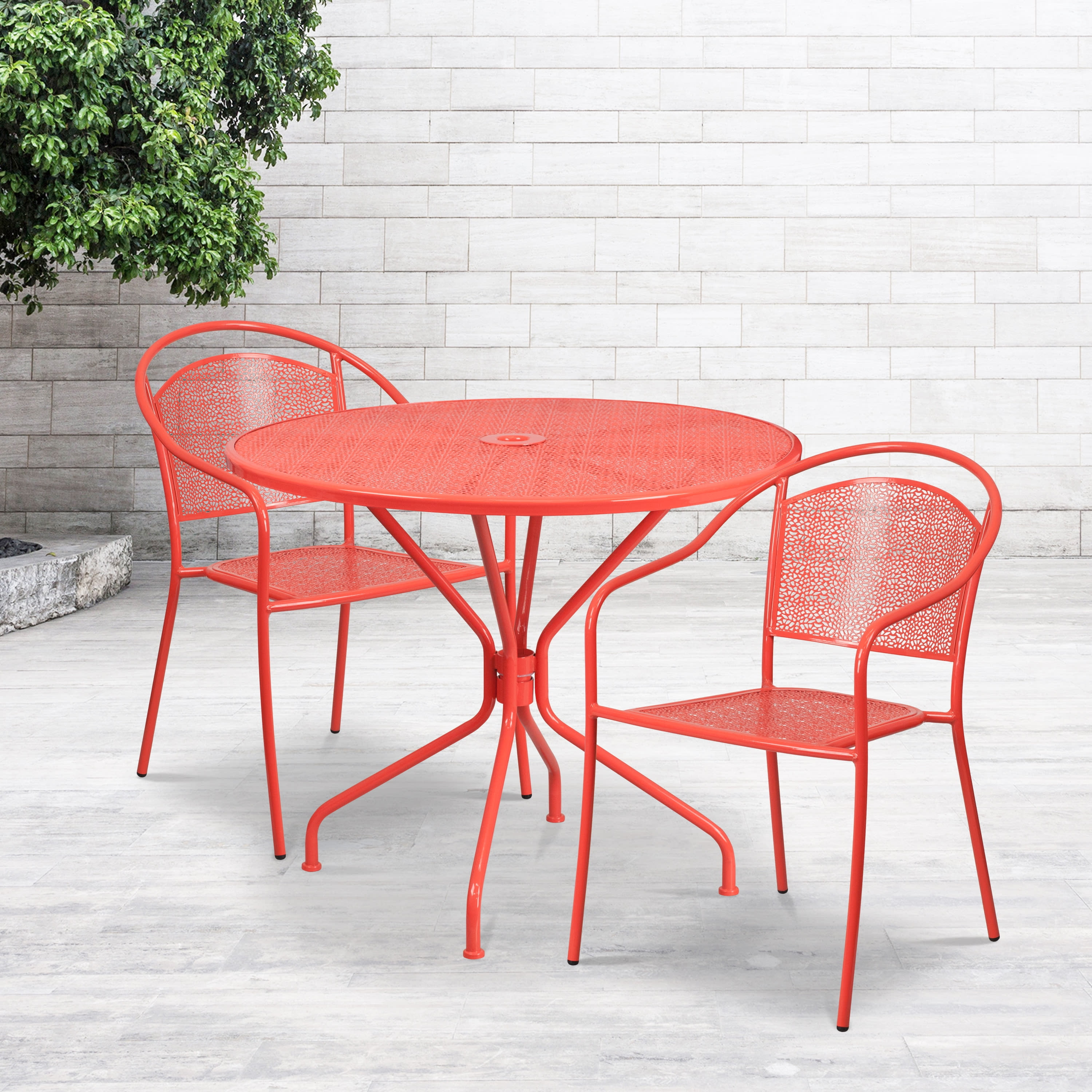 Emma + Oliver Commercial Grade 35.25" Round Coral Patio Table Set-2 ...