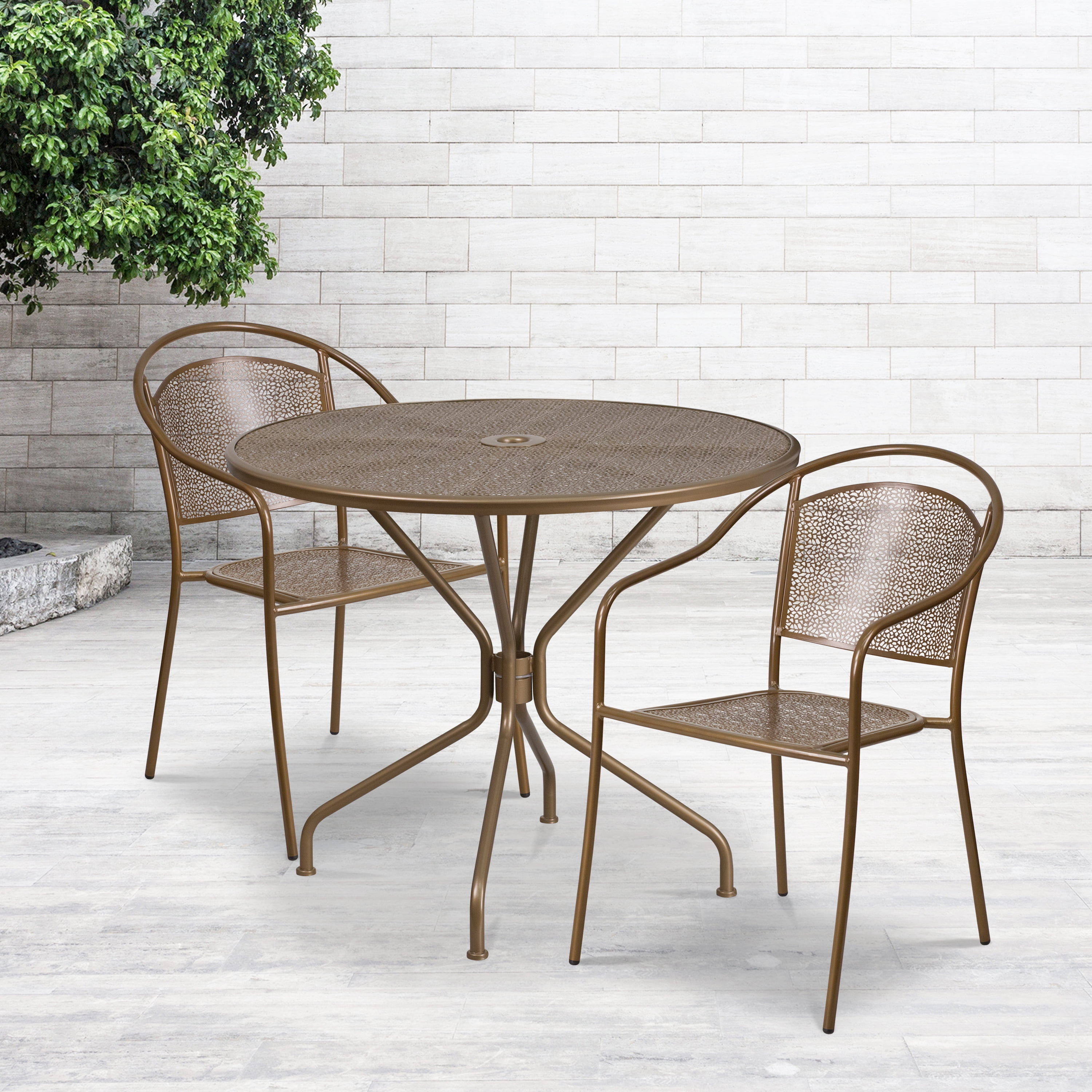 Emma + Oliver Commercial Grade 35.25" Round Gold Patio Table Set-2 ...