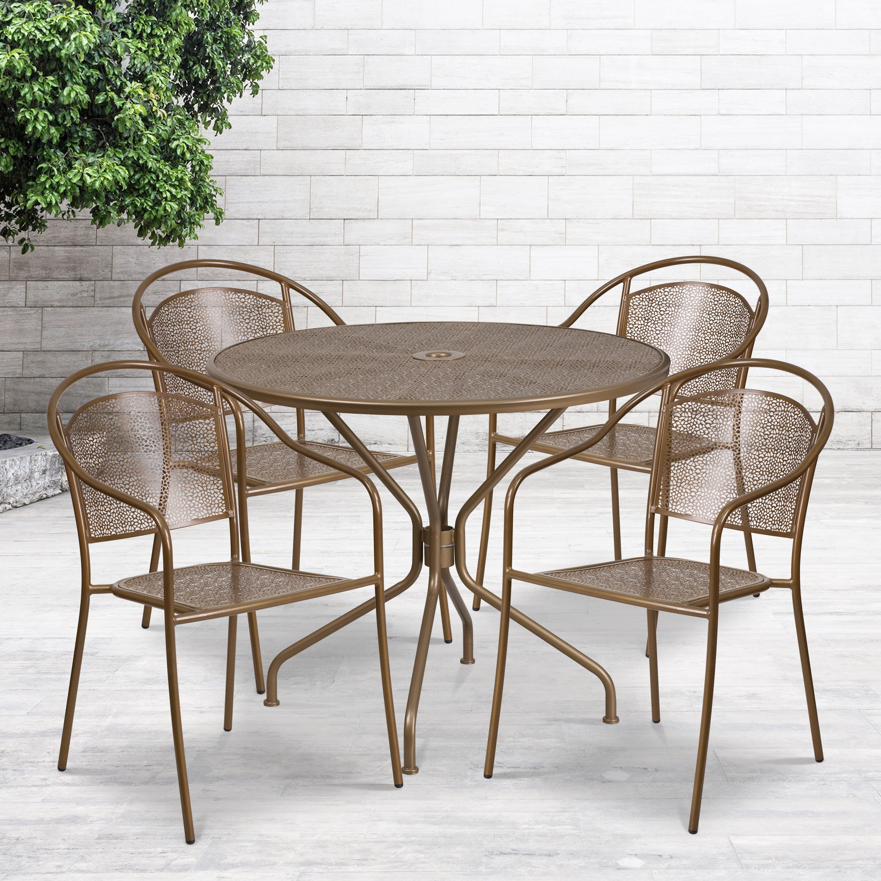 Emma + Oliver Commercial Grade 35.25" Round Gold Patio Table Set-4 ...