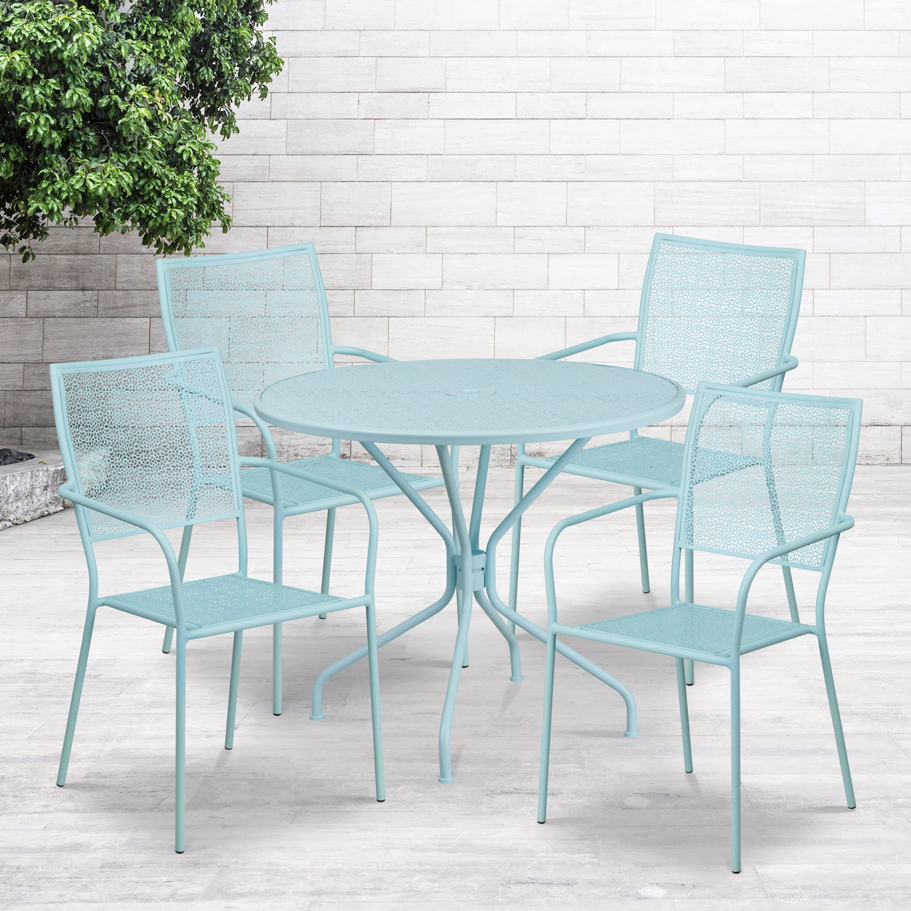 Emma + Oliver Commercial Grade 35.25" Round Sky Blue Patio Table Set-4 ...
