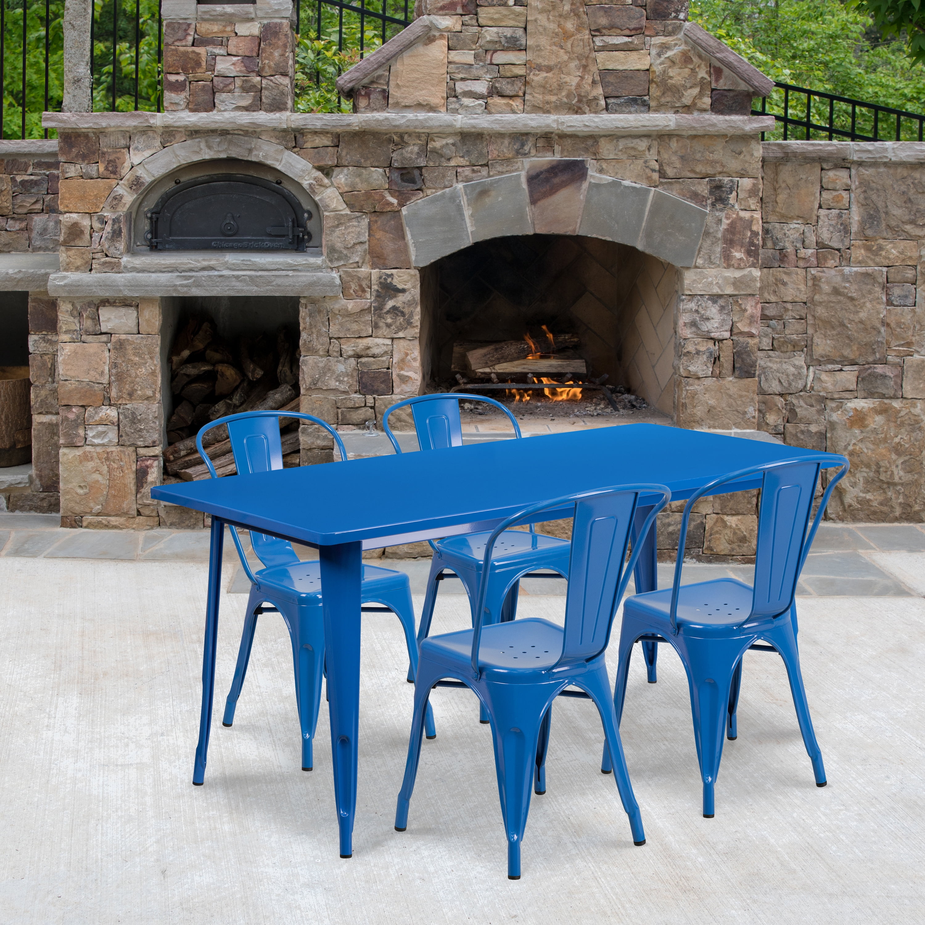 Emma + Oliver Commercial Grade Rectangular Blue Metal Indoor-Outdoor Table Set-4 Stack Chairs ...