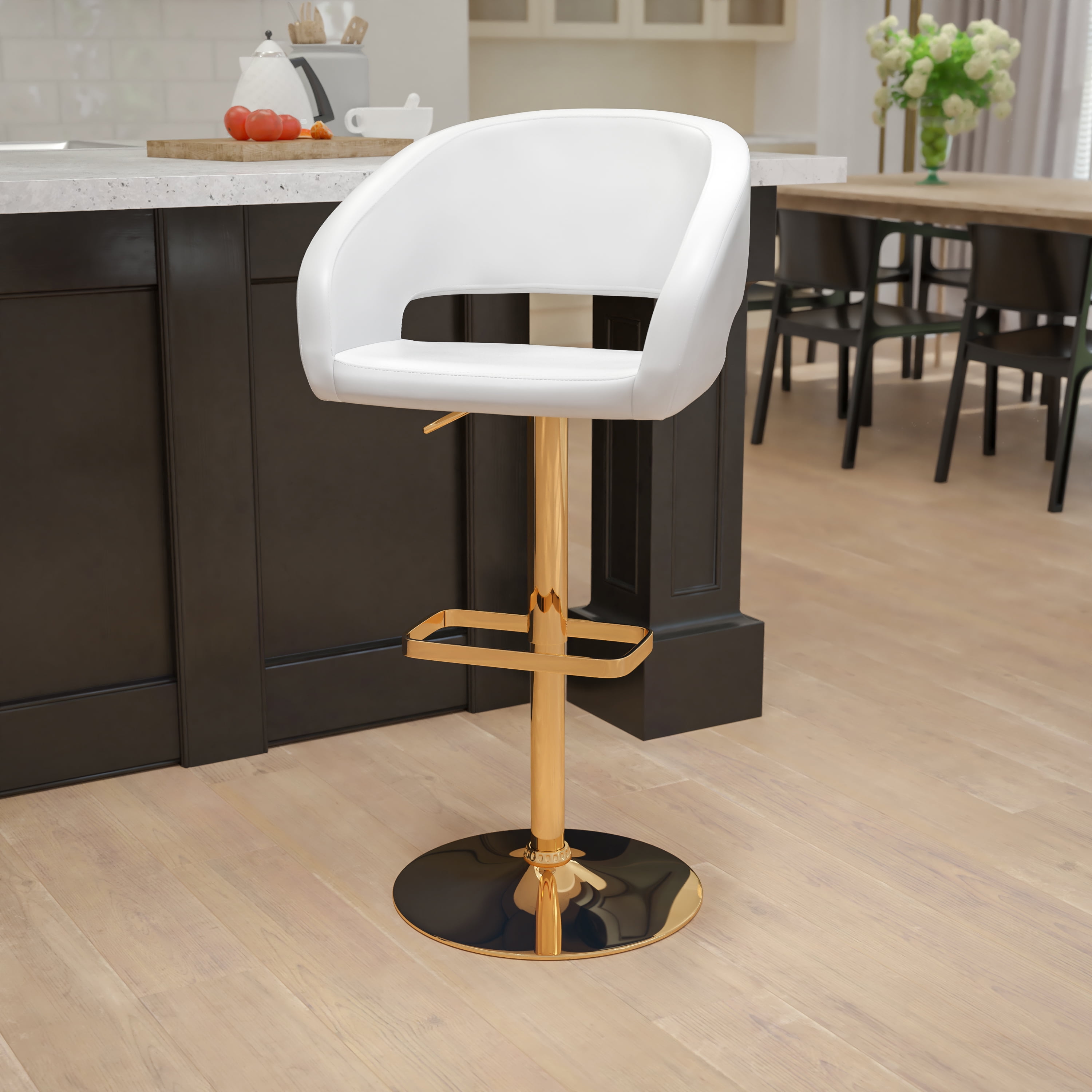 Emma + Oliver White Vinyl Upholstered Swivel Barstool, Adjustable ...