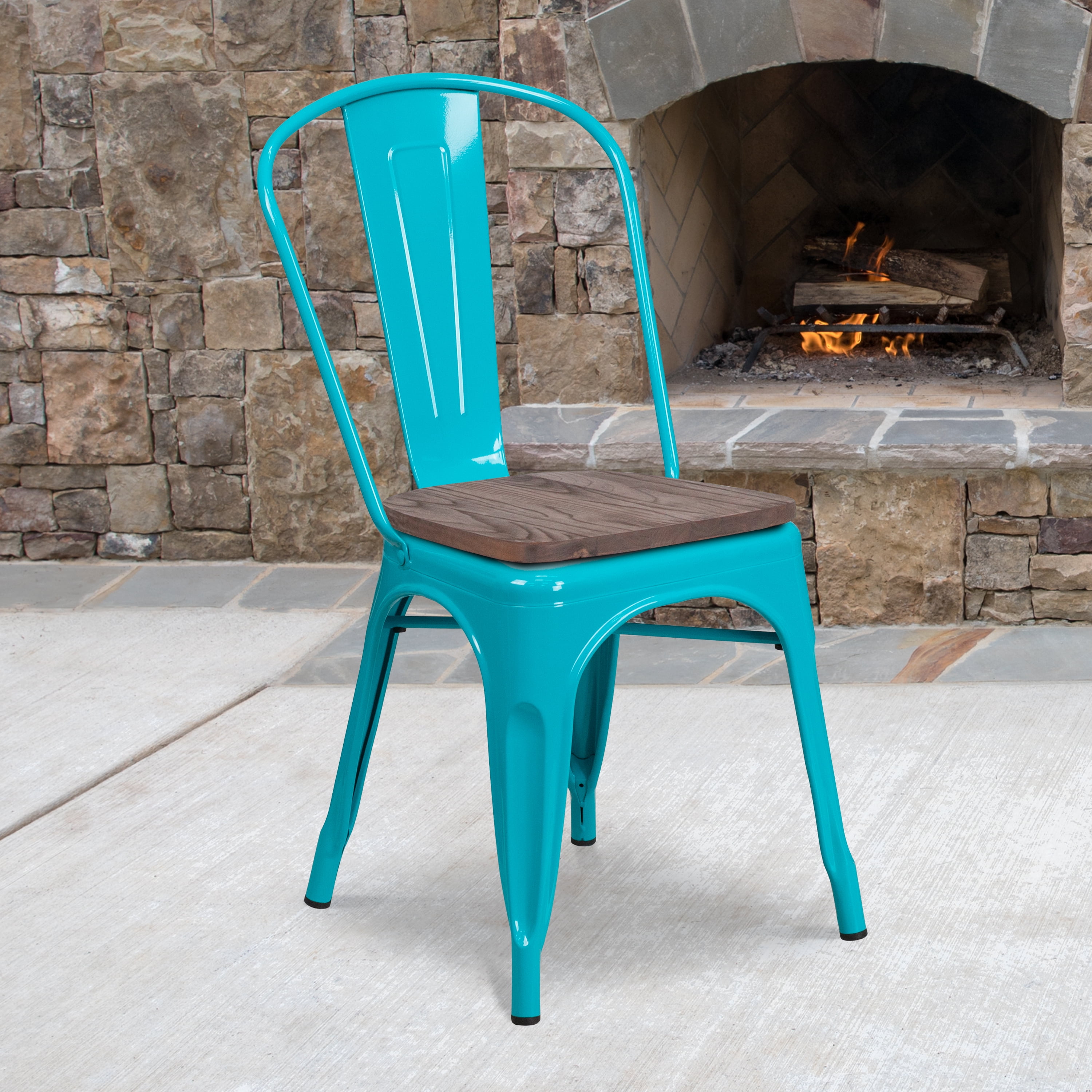 Emma + Oliver Crystal Teal-Blue Metal Stackable Chair with Wood Seat ...