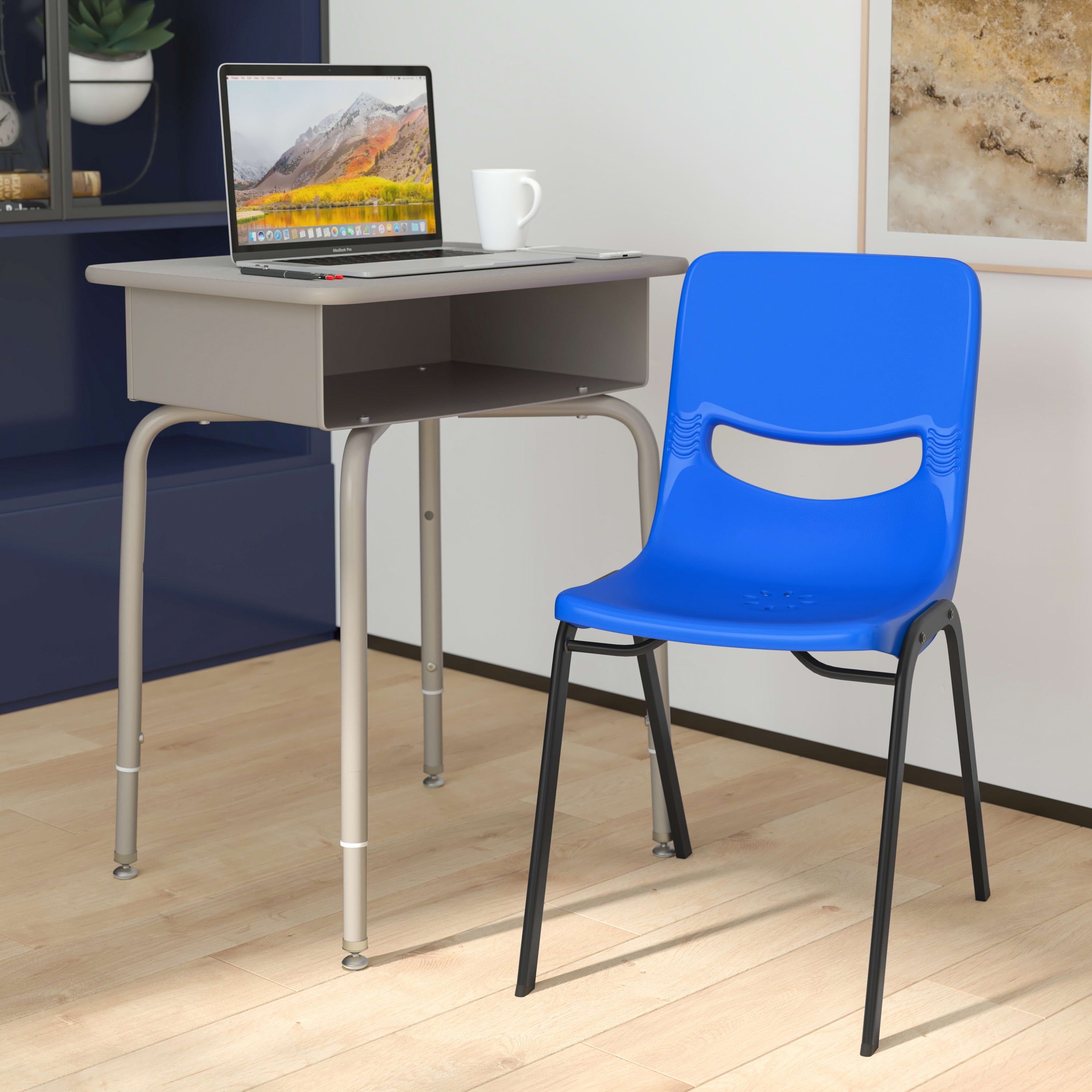 Emma + Oliver Desk/Chair Set with Metal Open Front Storage Box, Gray ...