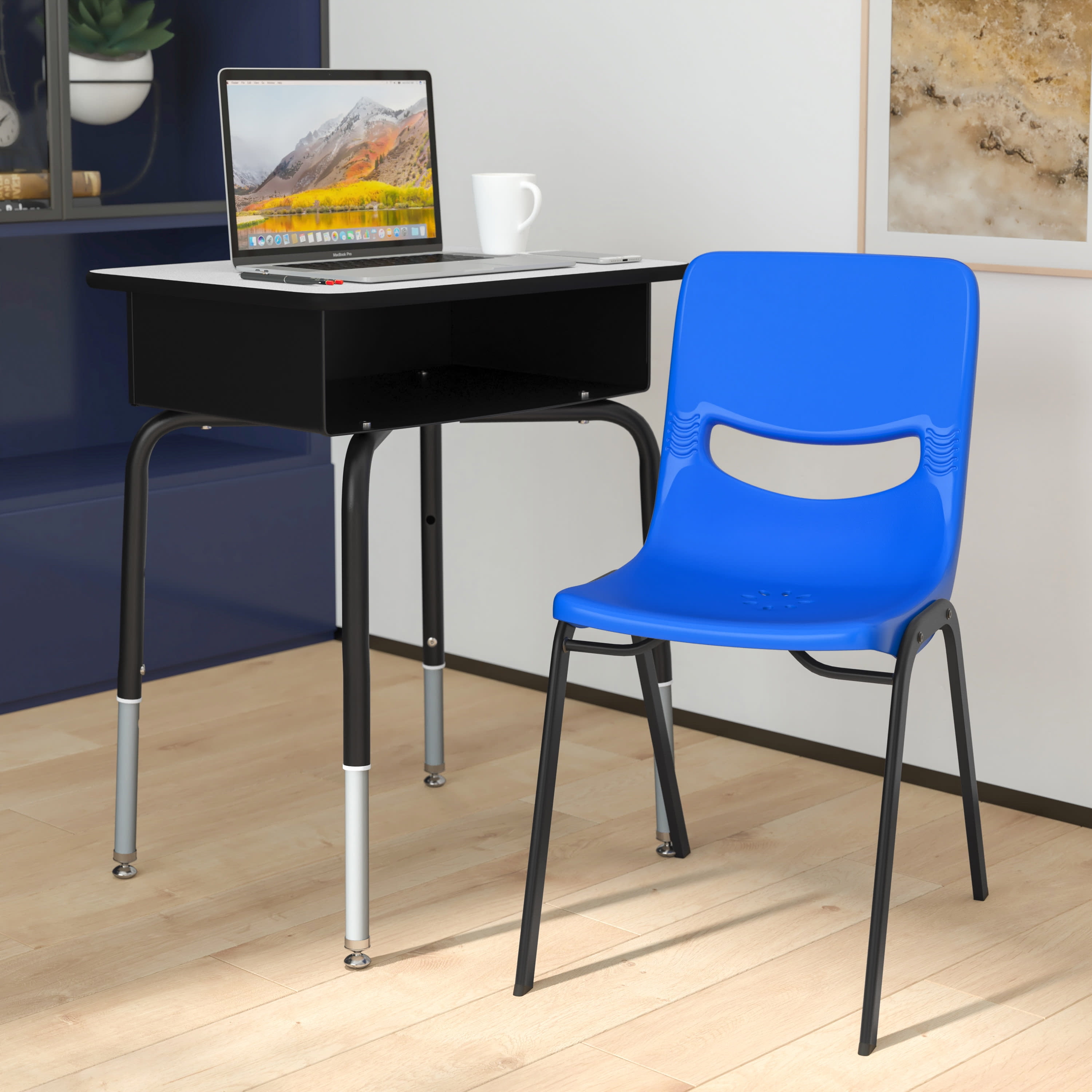 Emma + Oliver Desk/Chair Set with Metal Open Front Storage Box, Gray ...