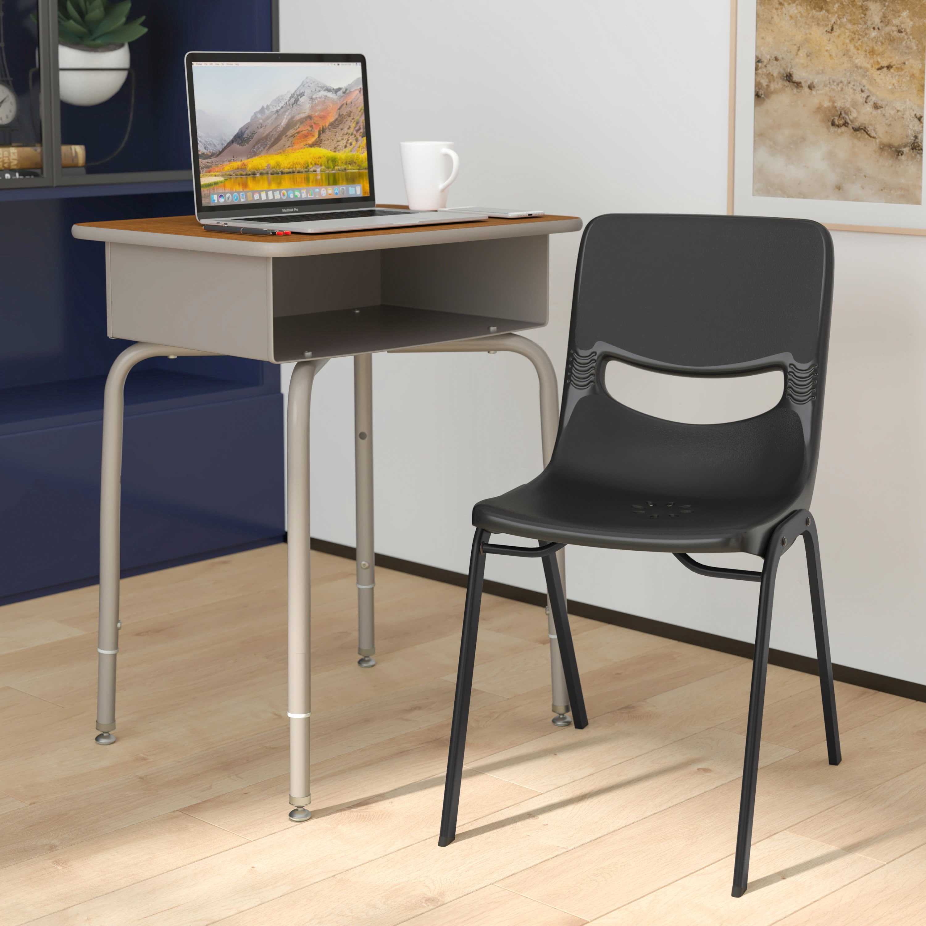 Emma + Oliver Desk/Chair Set with Metal Open Front Storage Box, Walnut ...