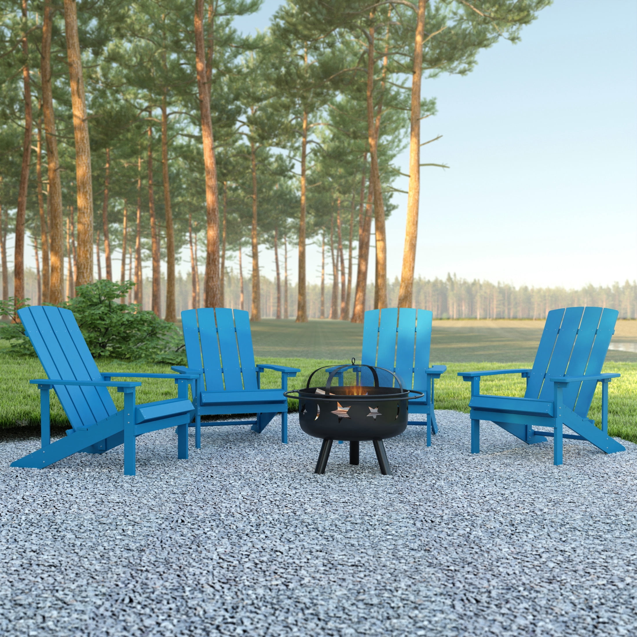 Emma + Oliver Five Piece Camping Set with Two Blue Faux Wood Adirondack ...