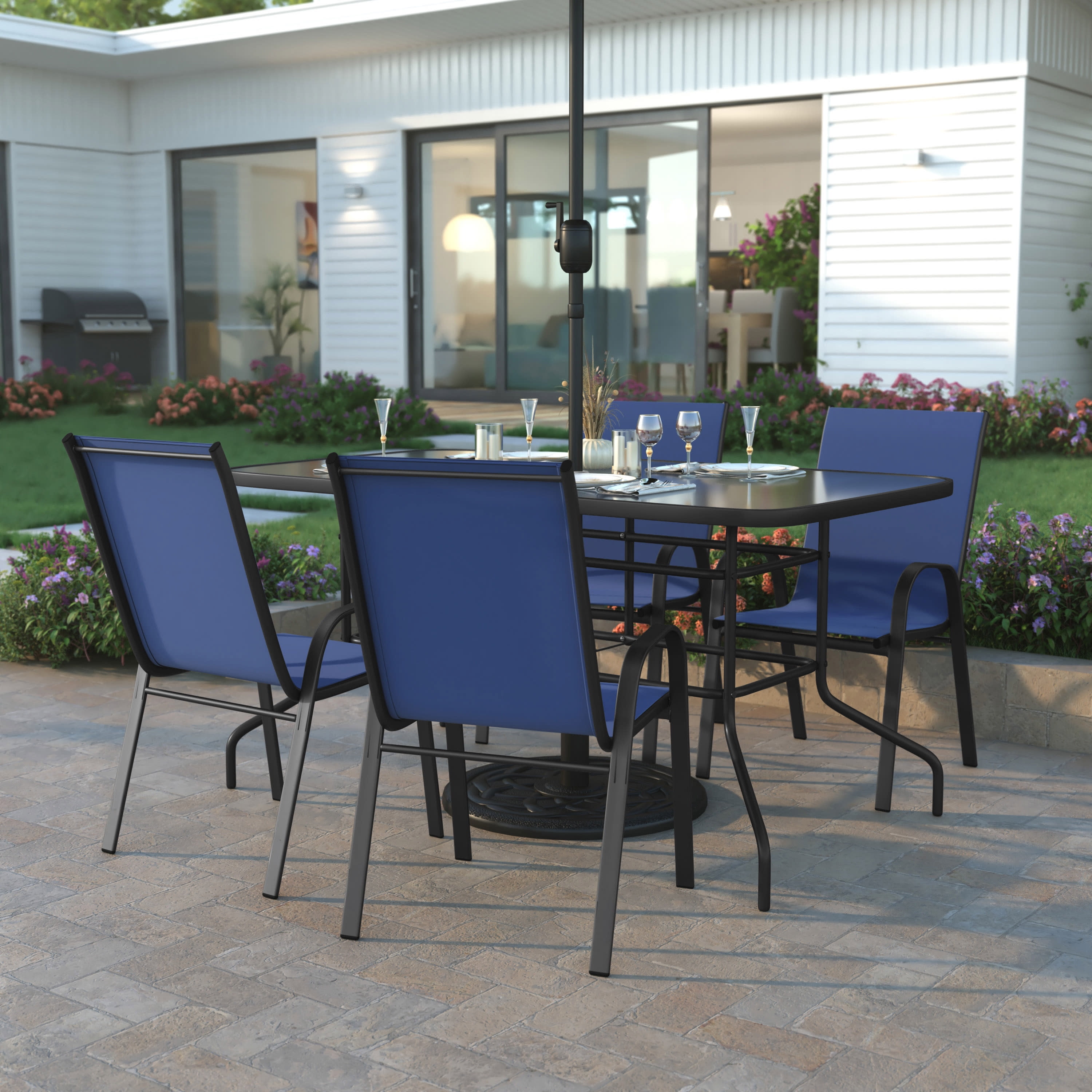 Emma + Oliver Five Piece Patio Table Set with 31.5" x 55" Metal Table ...