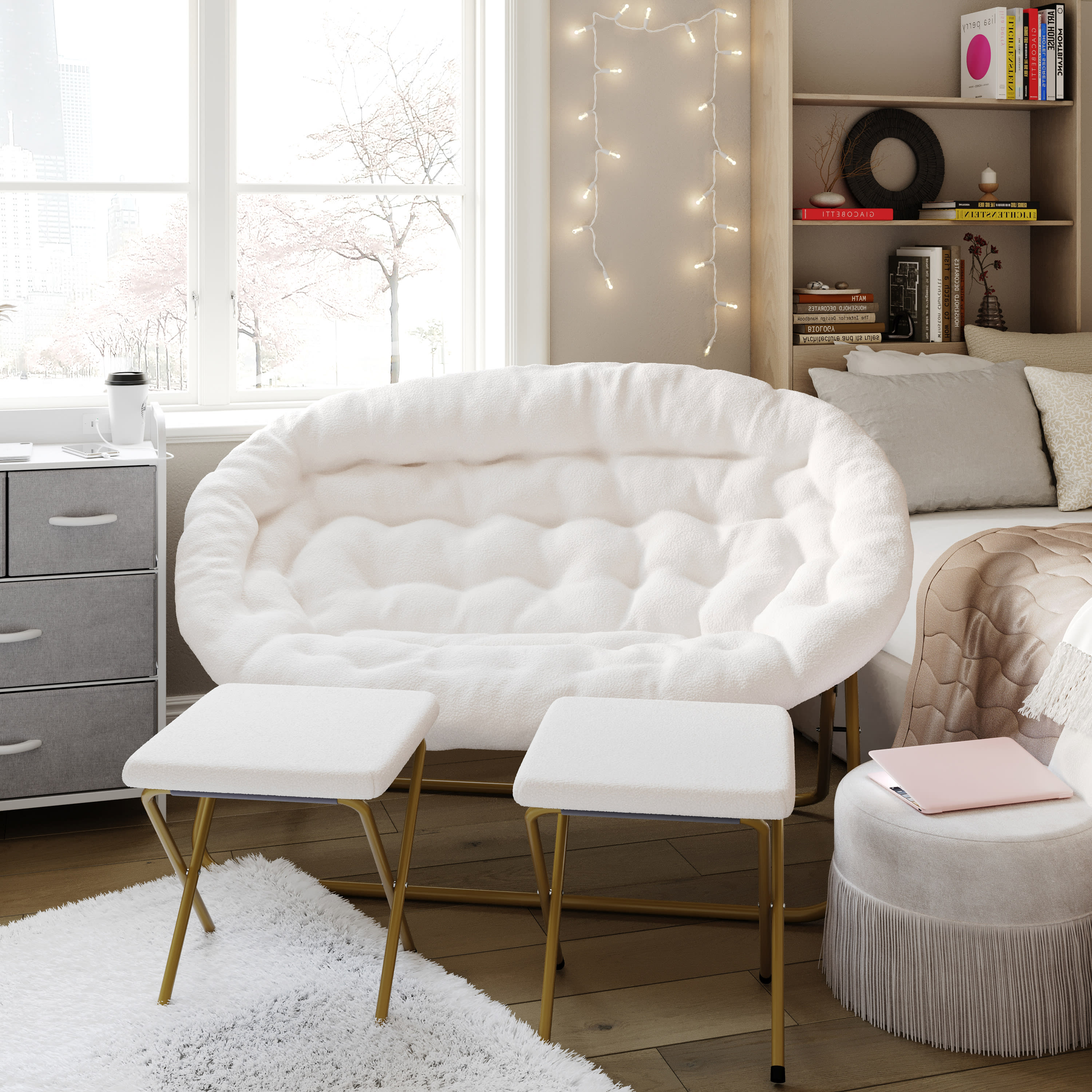 Emma + Oliver Folding Double Saucer Chair with 2 Ottomans Ivory Faux ...