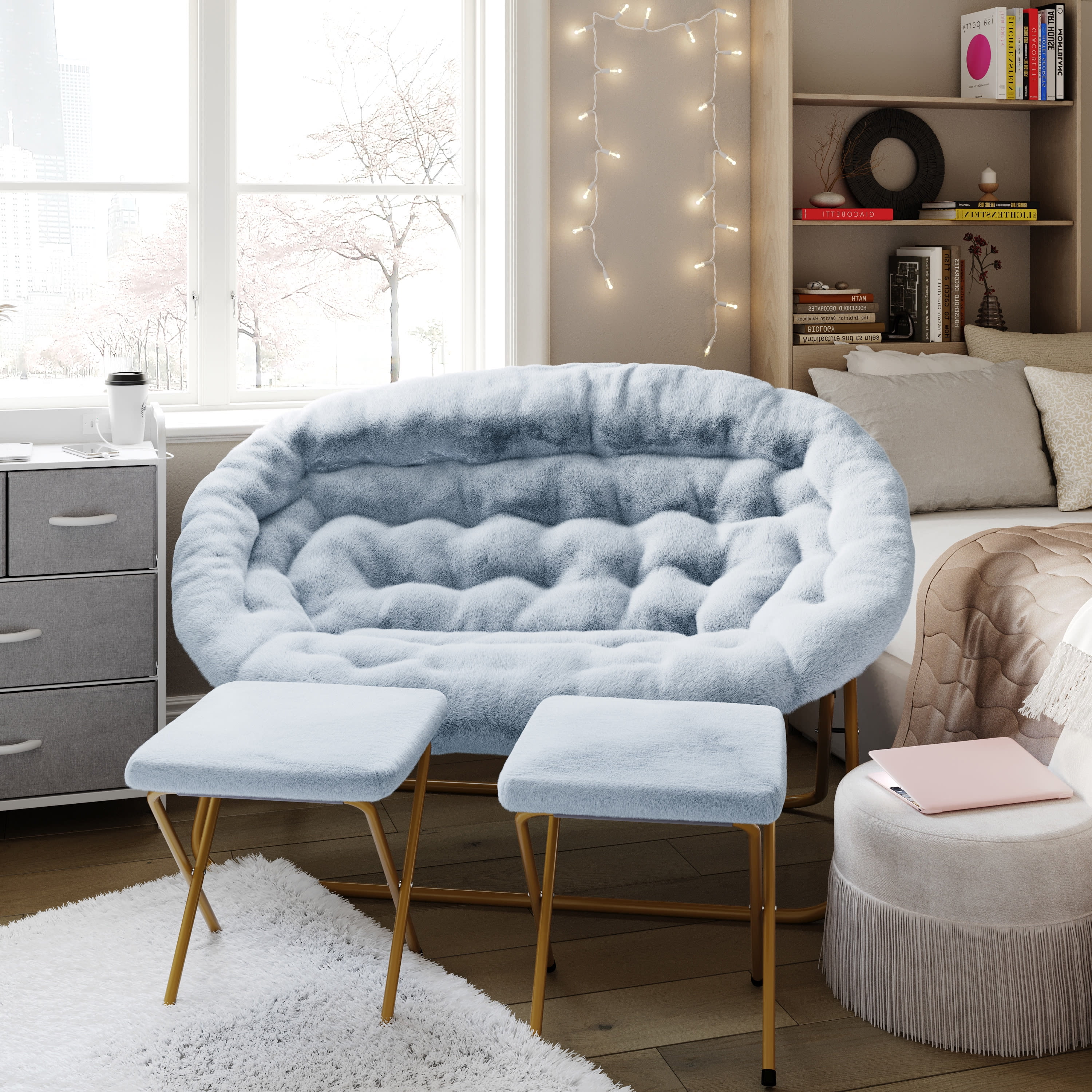 Emma + Oliver Folding Double Saucer Chair with 2 Ottomans in Dusty Aqua ...