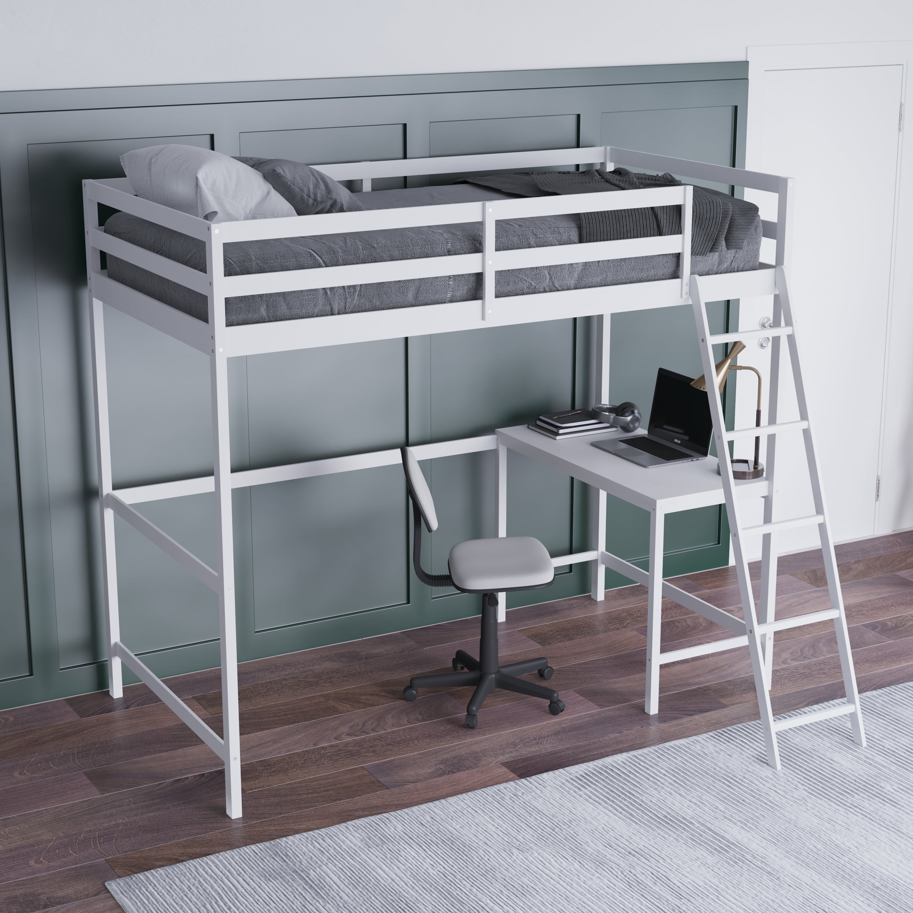 Emma + Oliver Full Wood Loft Bed Frame with Protective Guardrails and ...