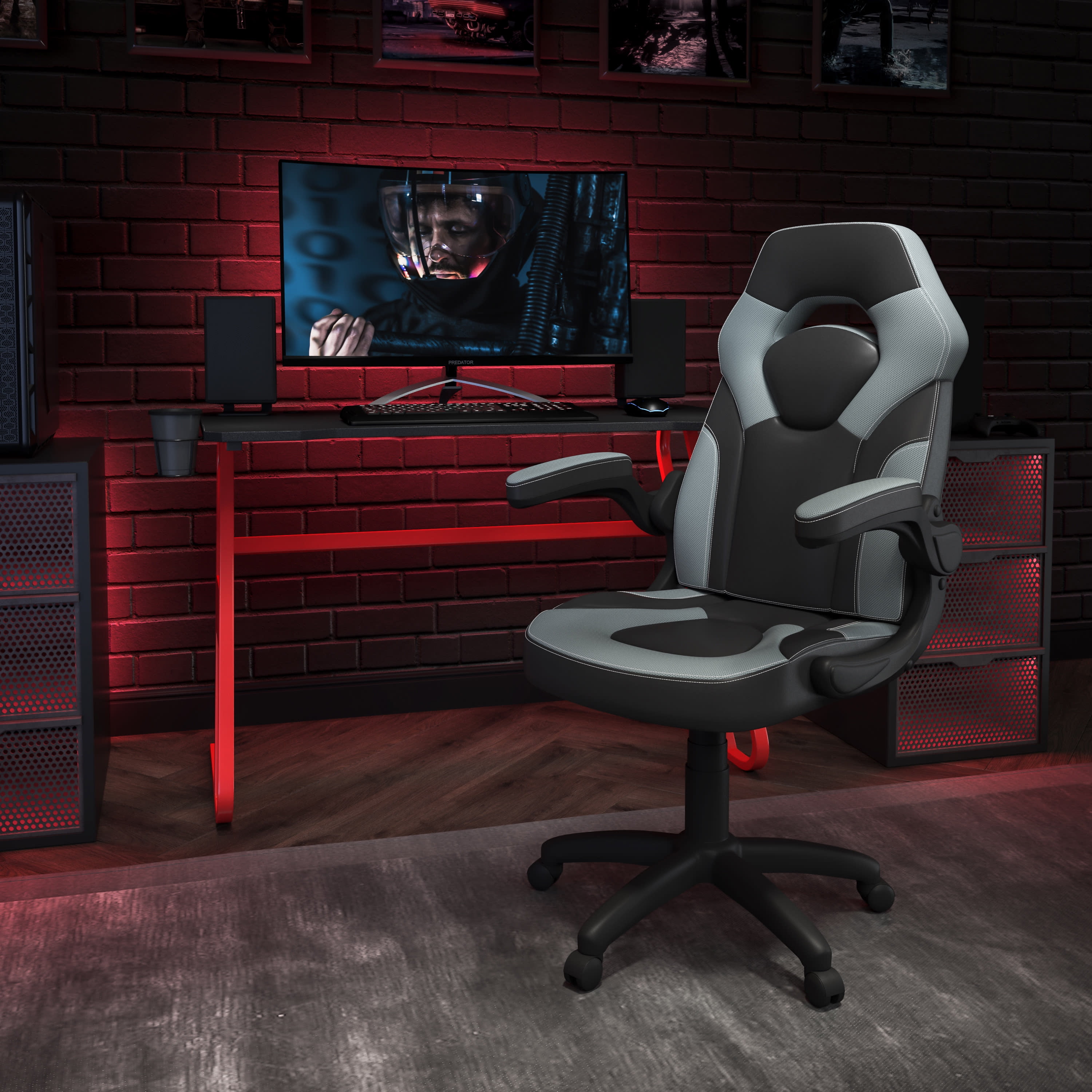 Emma + Oliver Gaming Bundle-Red Desk, Cup Holder, Headphone Hook and ...