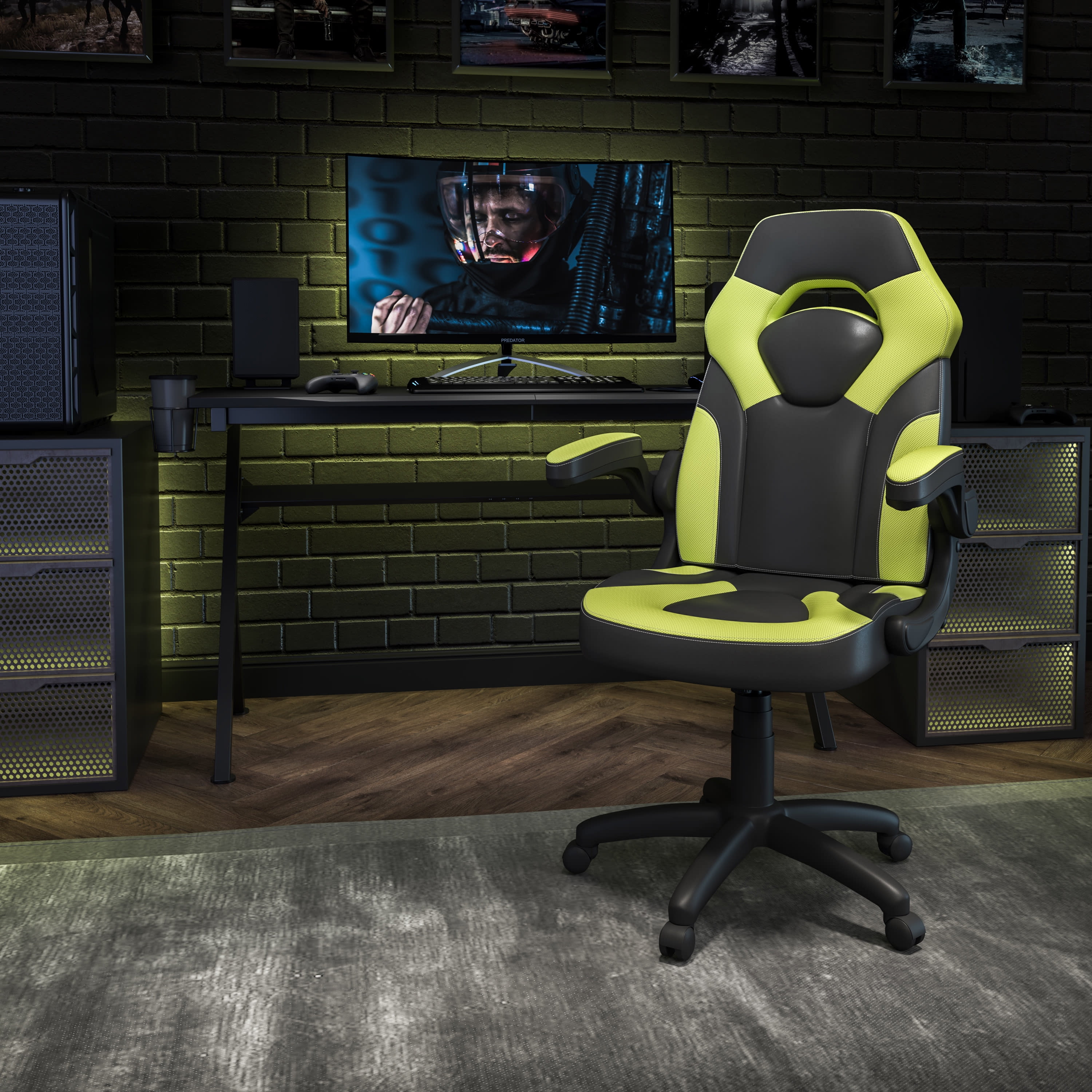 Emma + Oliver Gaming Racing PC Chair with Flip-up Arms, Neon Green ...