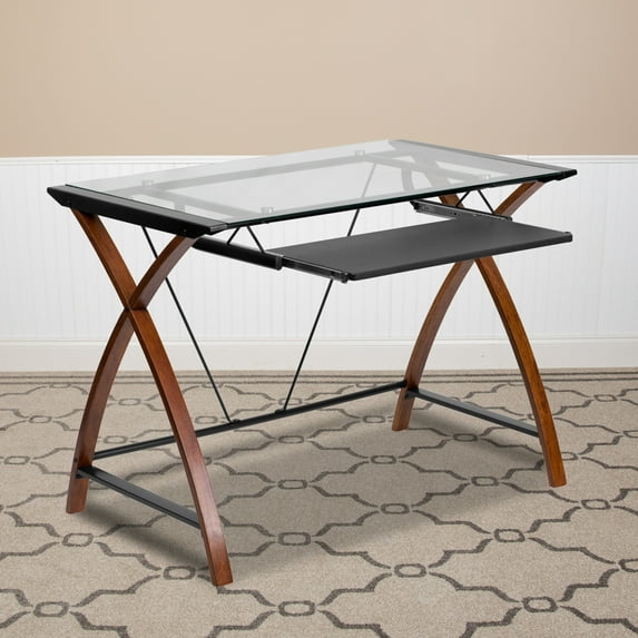 Emma + Oliver Minimalist Wooden Glass Computer Desk for Small Bedroom ...
