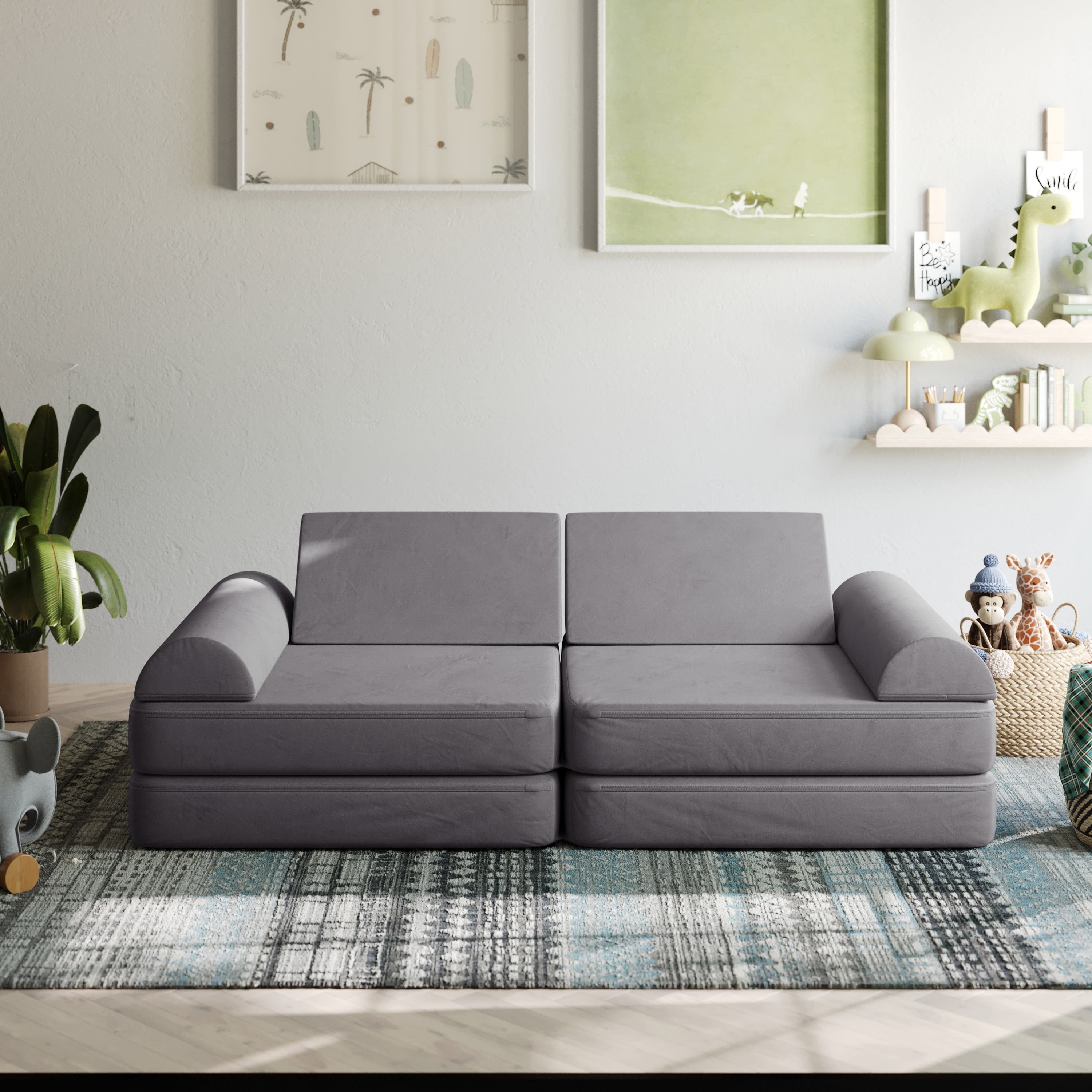 Emma + Oliver Gray 56 in. Modular Play Couch for Kids with Convertible ...